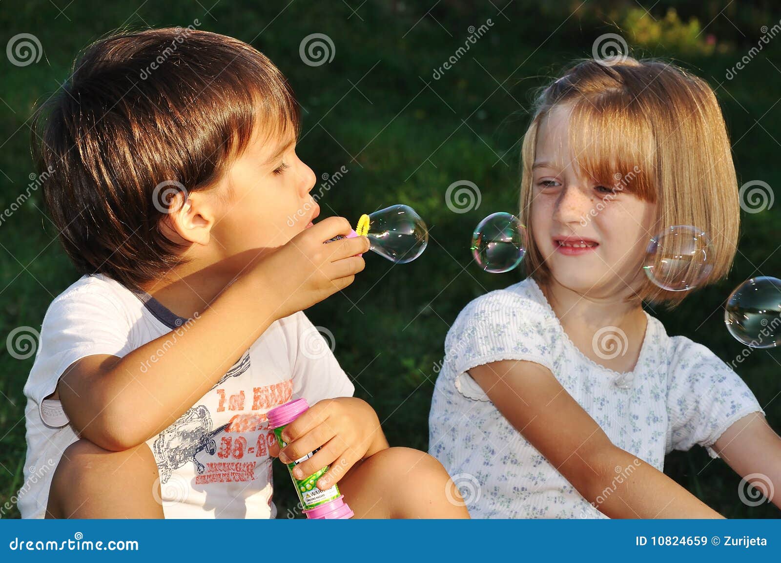 Happy Cute Children Playing with Bubbles Stock Image - Image of green ...