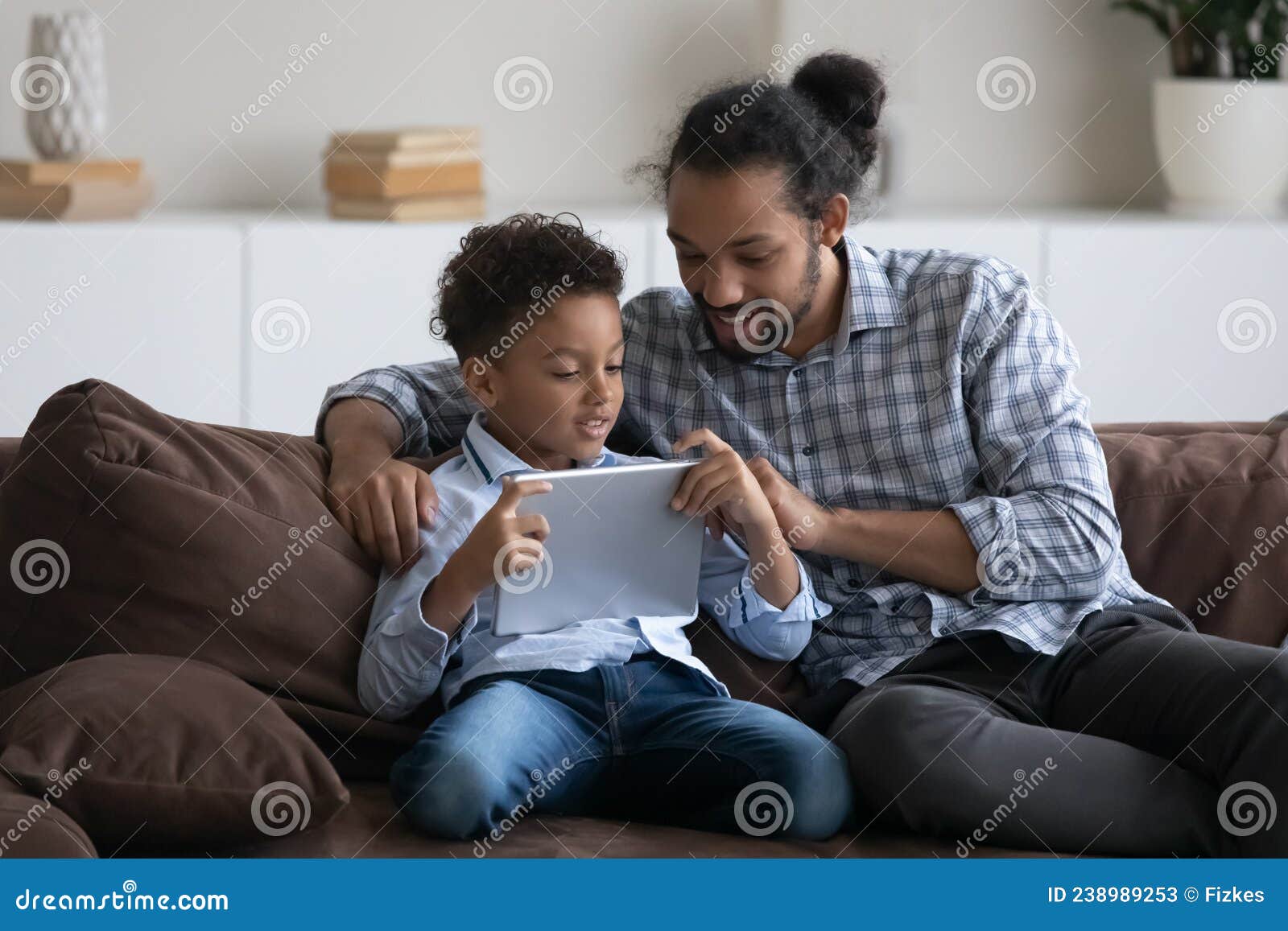 Happy Gen Z Son Kid and Dad Using Online App Stock Image - Image of ...