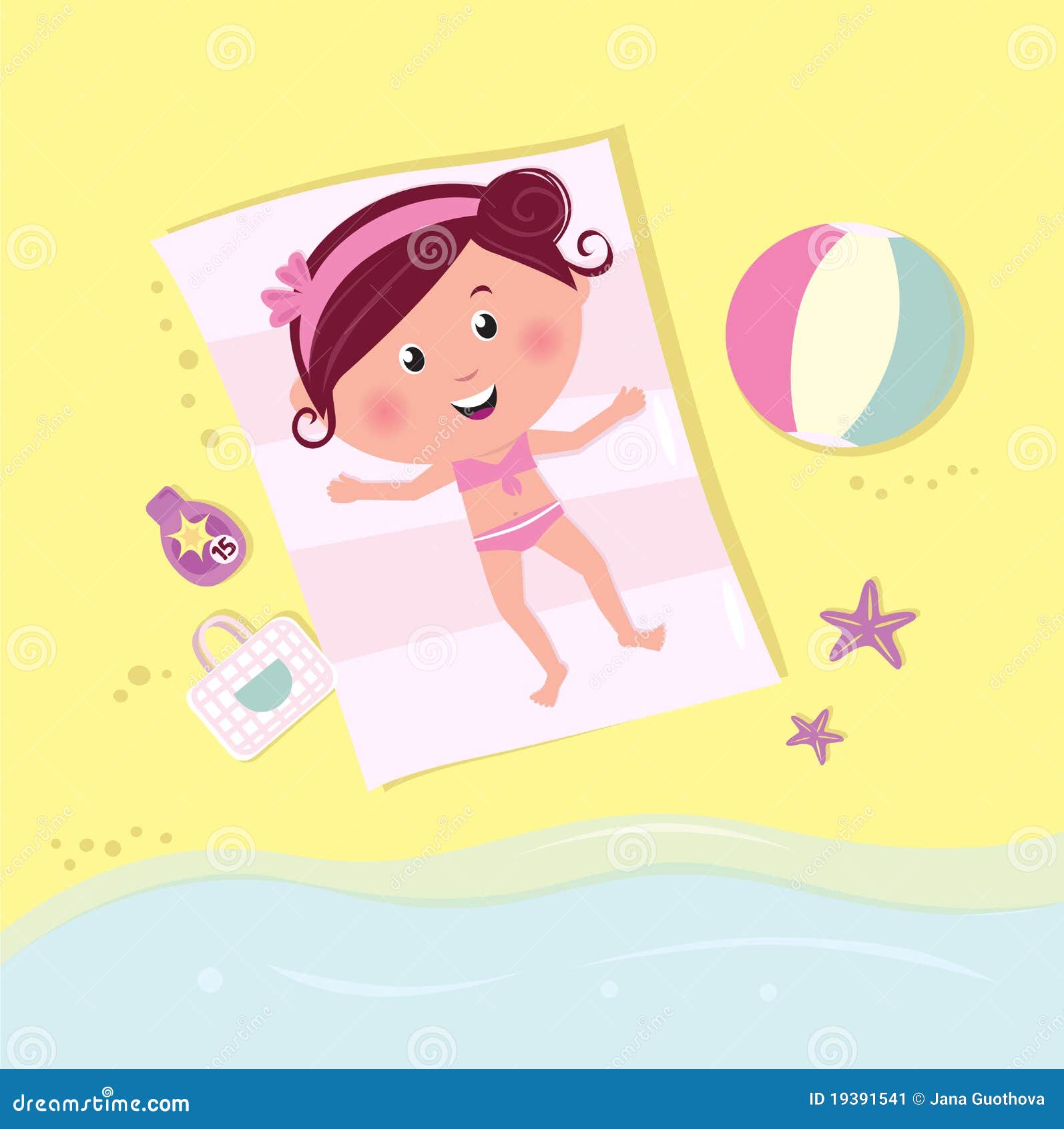 Happy Cute Girl Sunbathing on Beach Stock Vector - Illustration of ...