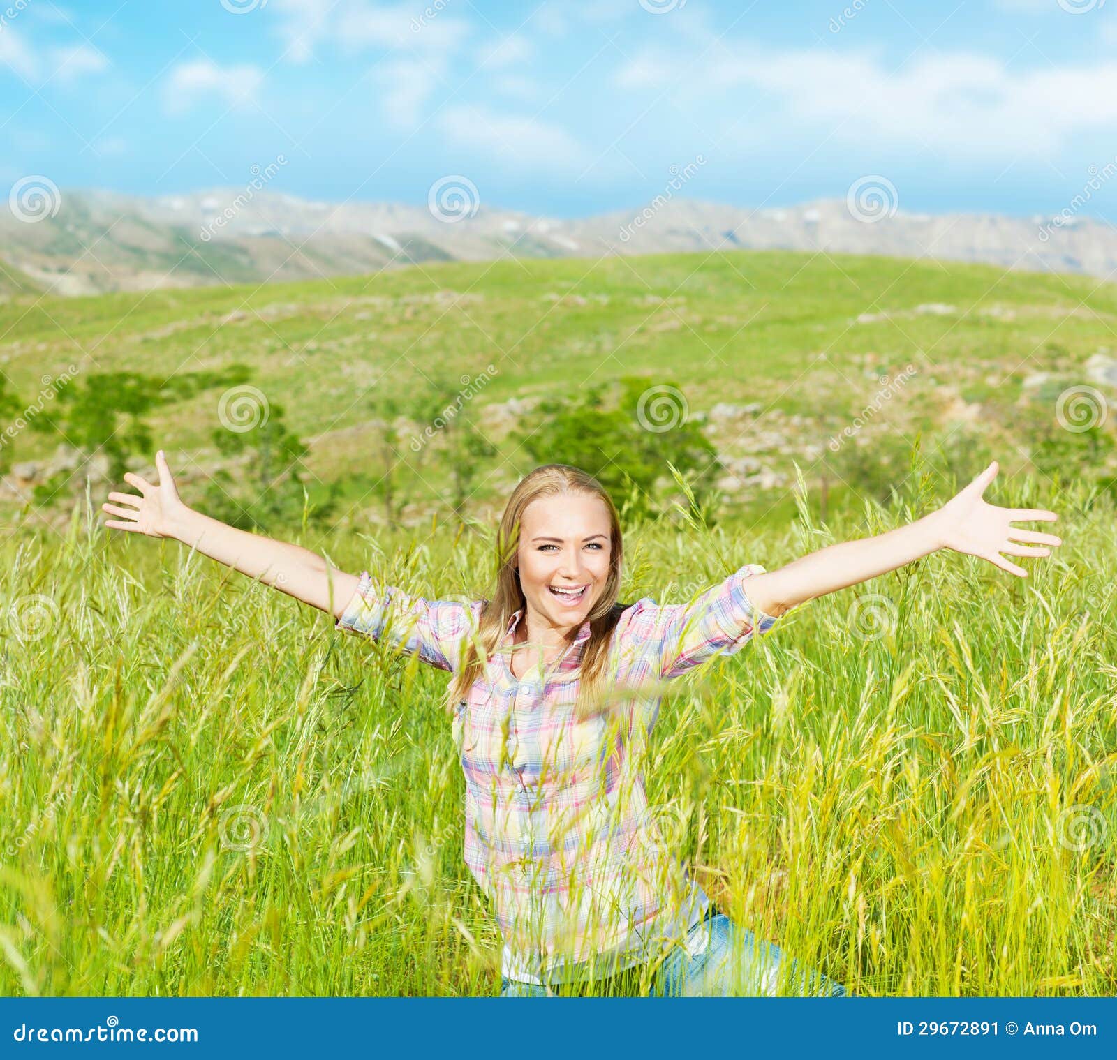 Happy Cute Girl on Wheat Field Stock Image - Image of people, blue ...