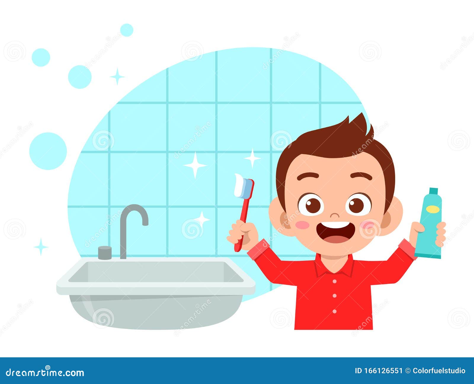 Happy Cute Kid Boy Brush Clean Teeth Stock Vector - Illustration of ...