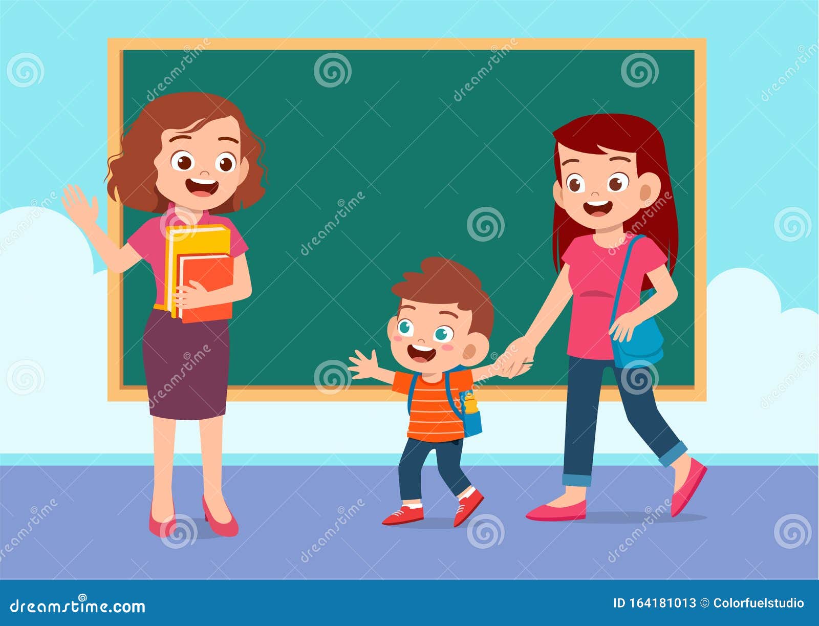 Happy Cute Kid Boy Go To School with Mom Stock Illustration ...