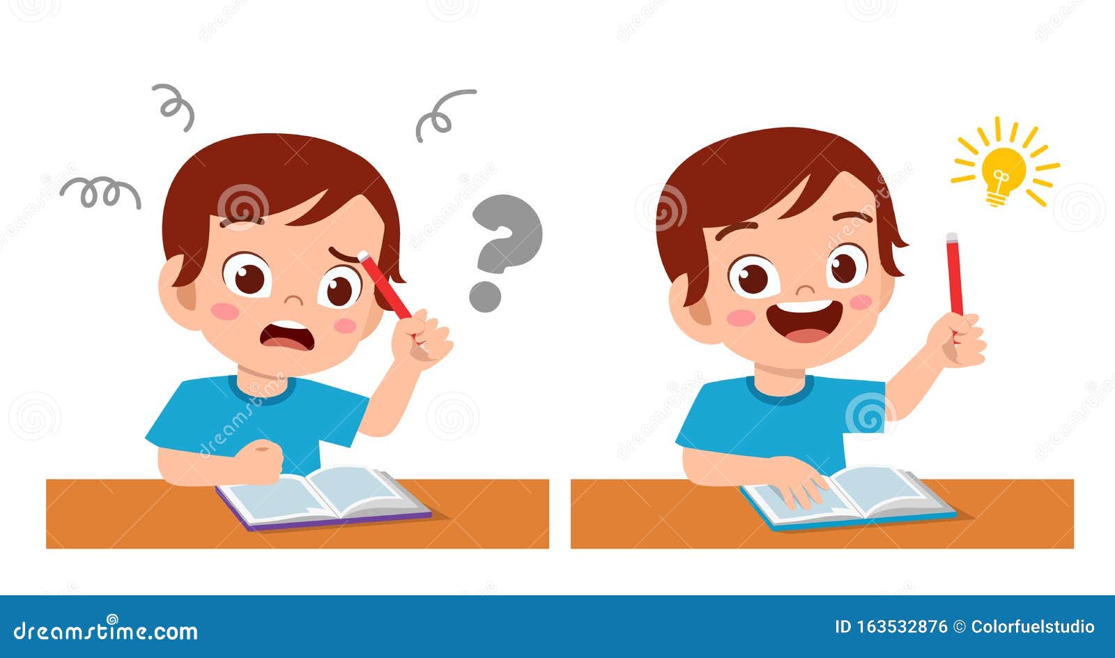 Happy Cute Kid Boy Study Hard Think Stock Vector - Illustration of ...