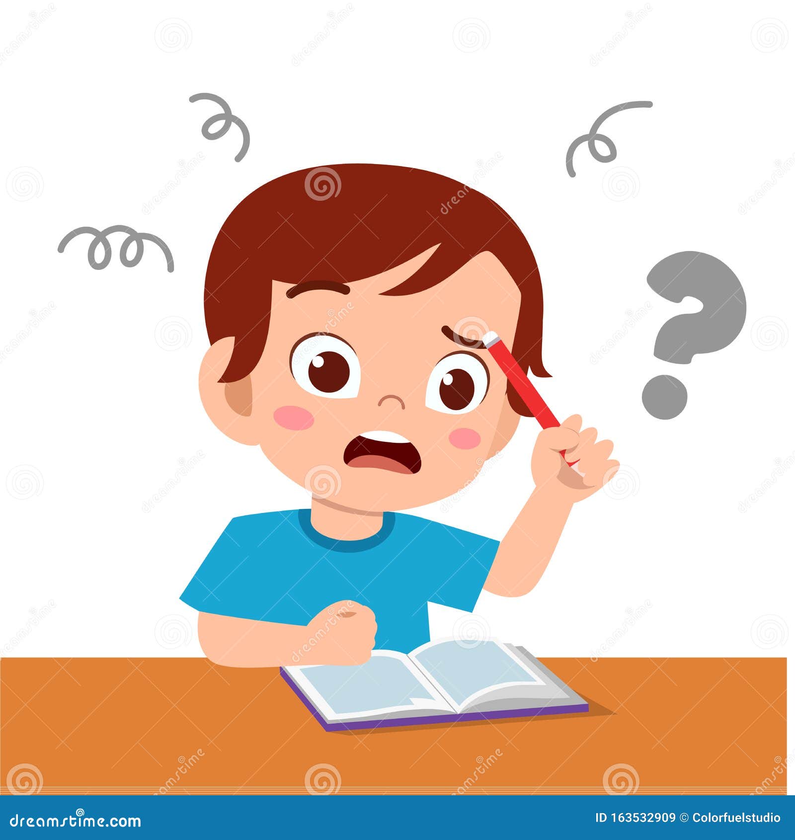 Happy Cute Kid Boy Study Hard Think Stock Vector - Illustration of ...