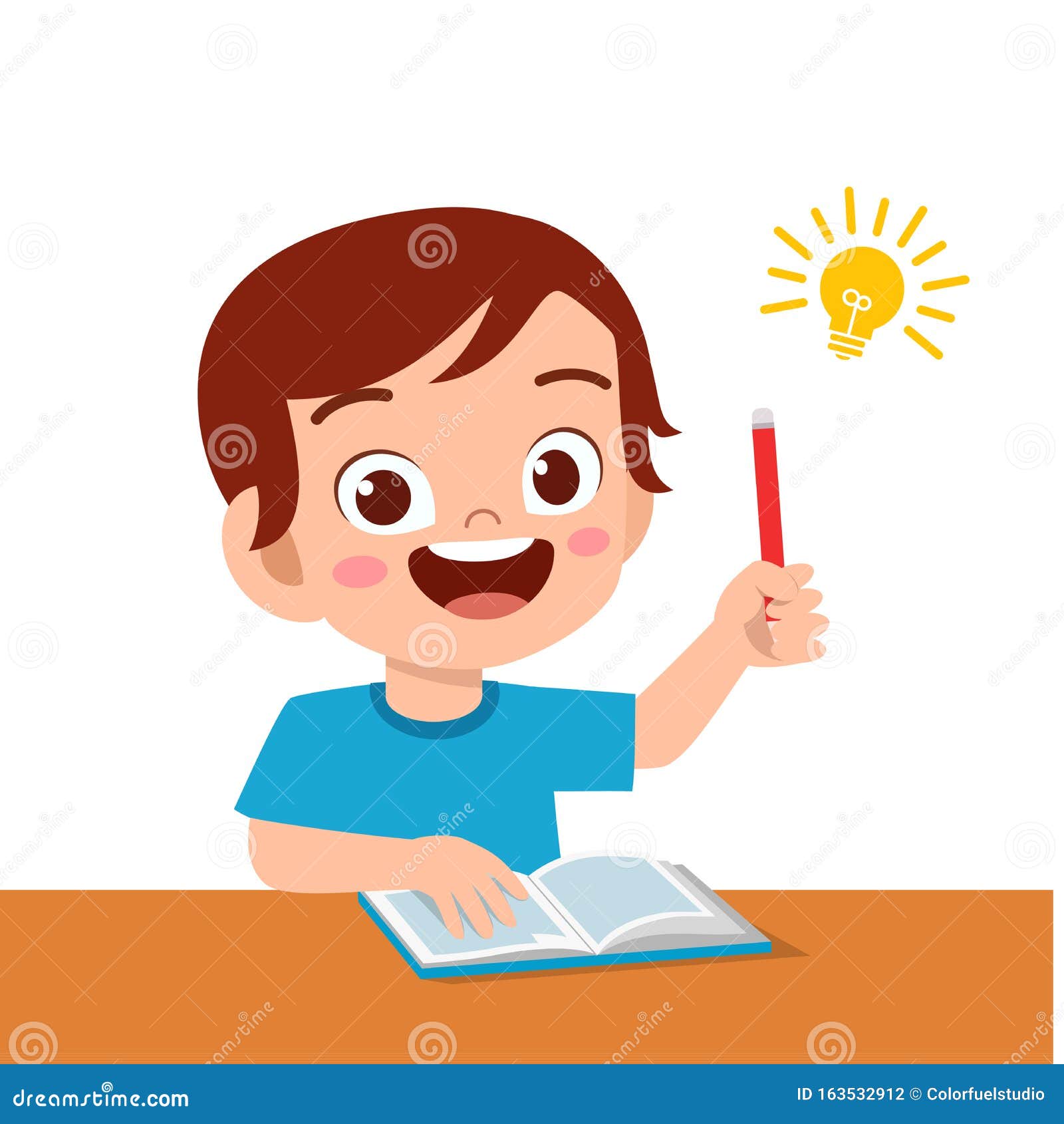Happy Cute Kid Boy Study Hard Think Stock Vector - Illustration of ...
