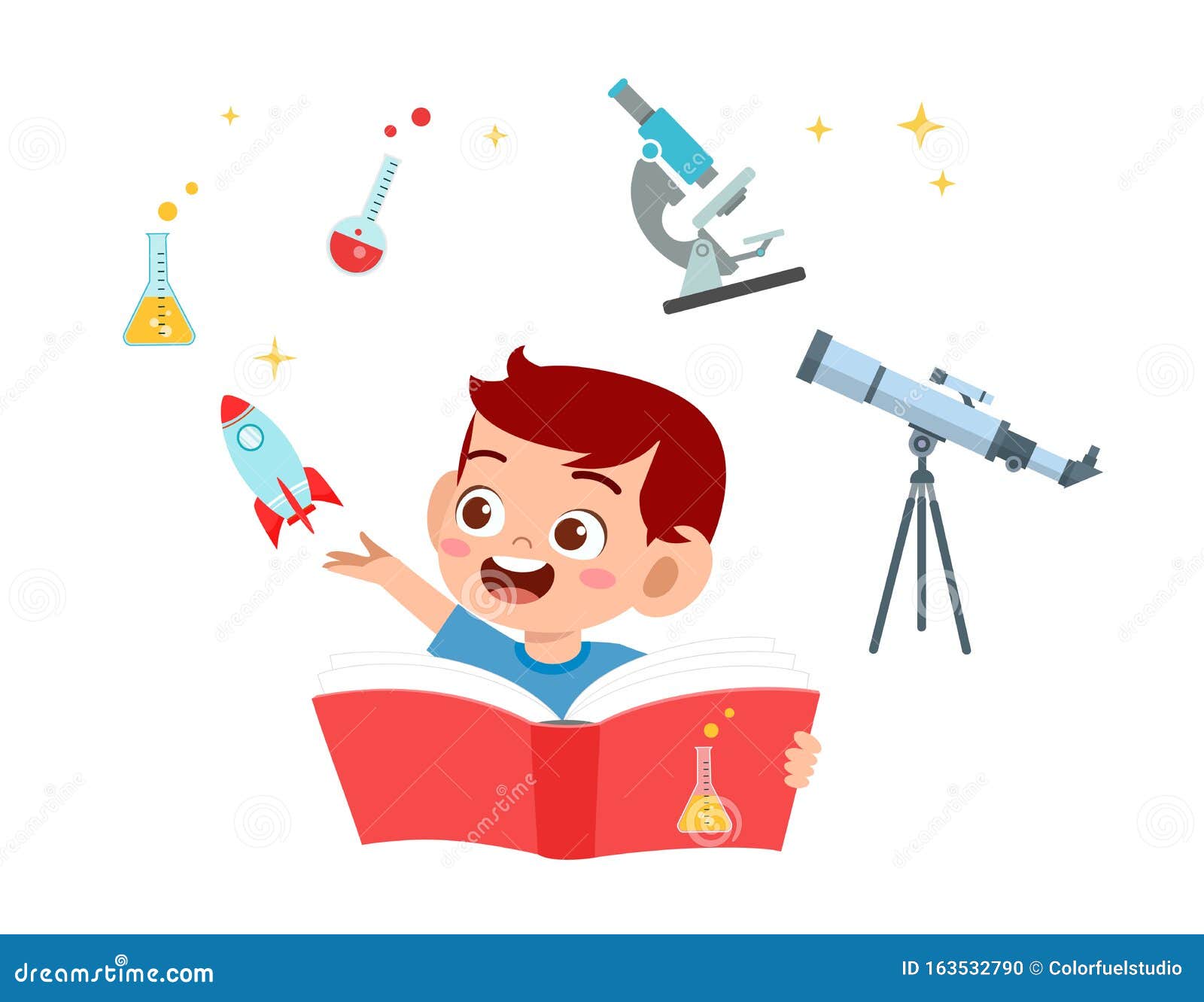 Happy Cute Kid Boy Study Planet and Science Stock Vector - Illustration ...