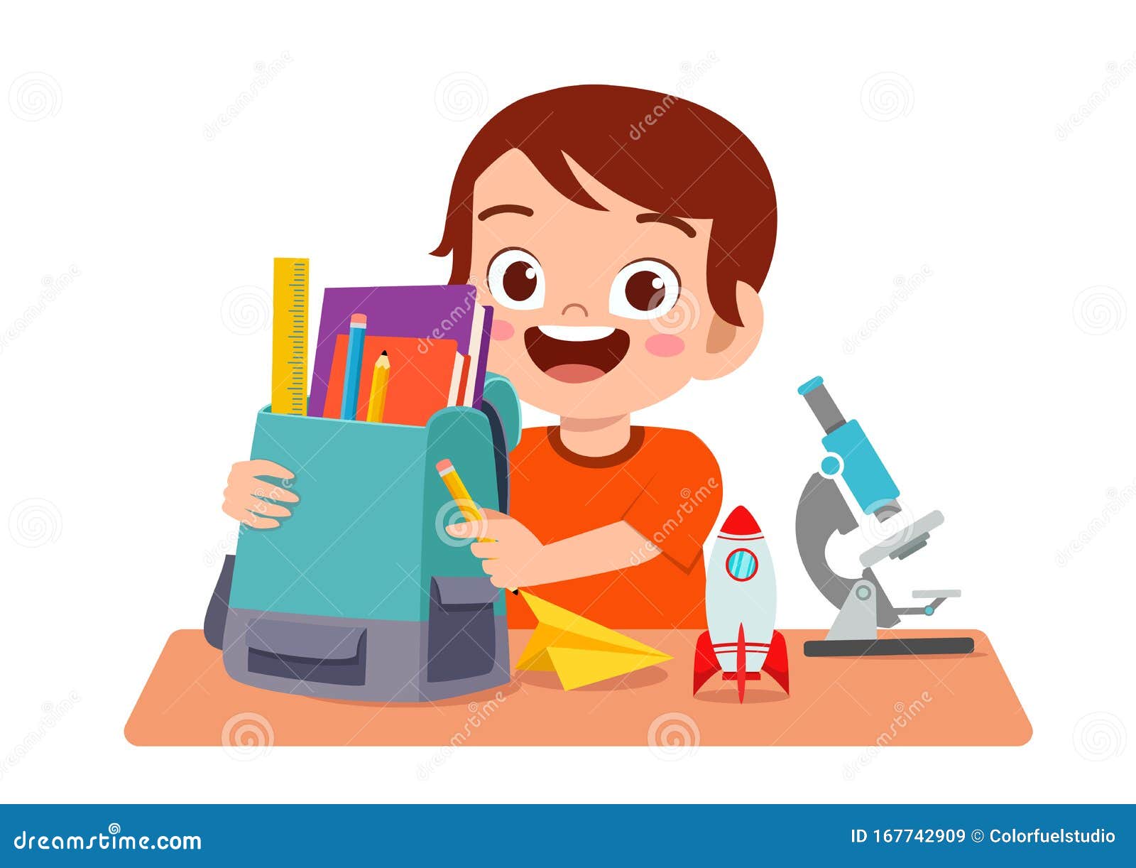 Happy Cute Kid Boy Study on Cute Table Stock Vector - Illustration of ...