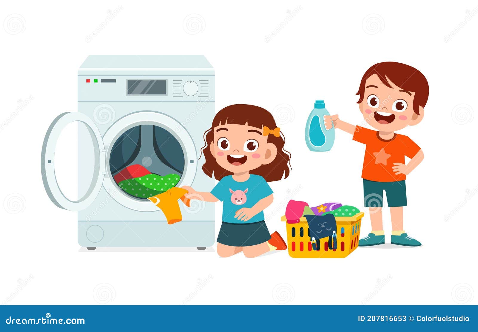 Happy Cute Kid Do Laundry with Washing Machine Stock Vector ...