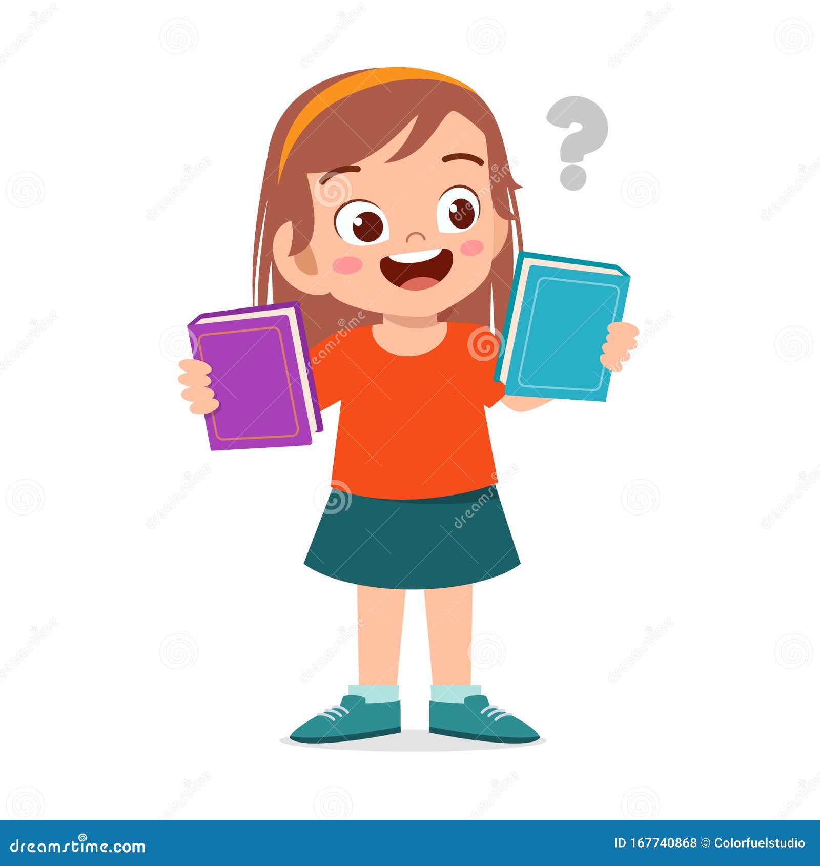 Happy Cute Kid Girl Choosing Two Book Stock Vector - Illustration of ...