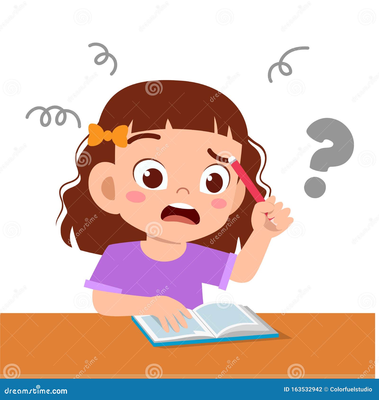 Happy Cute Kid Girl Study Hard Think Stock Vector - Illustration of ...