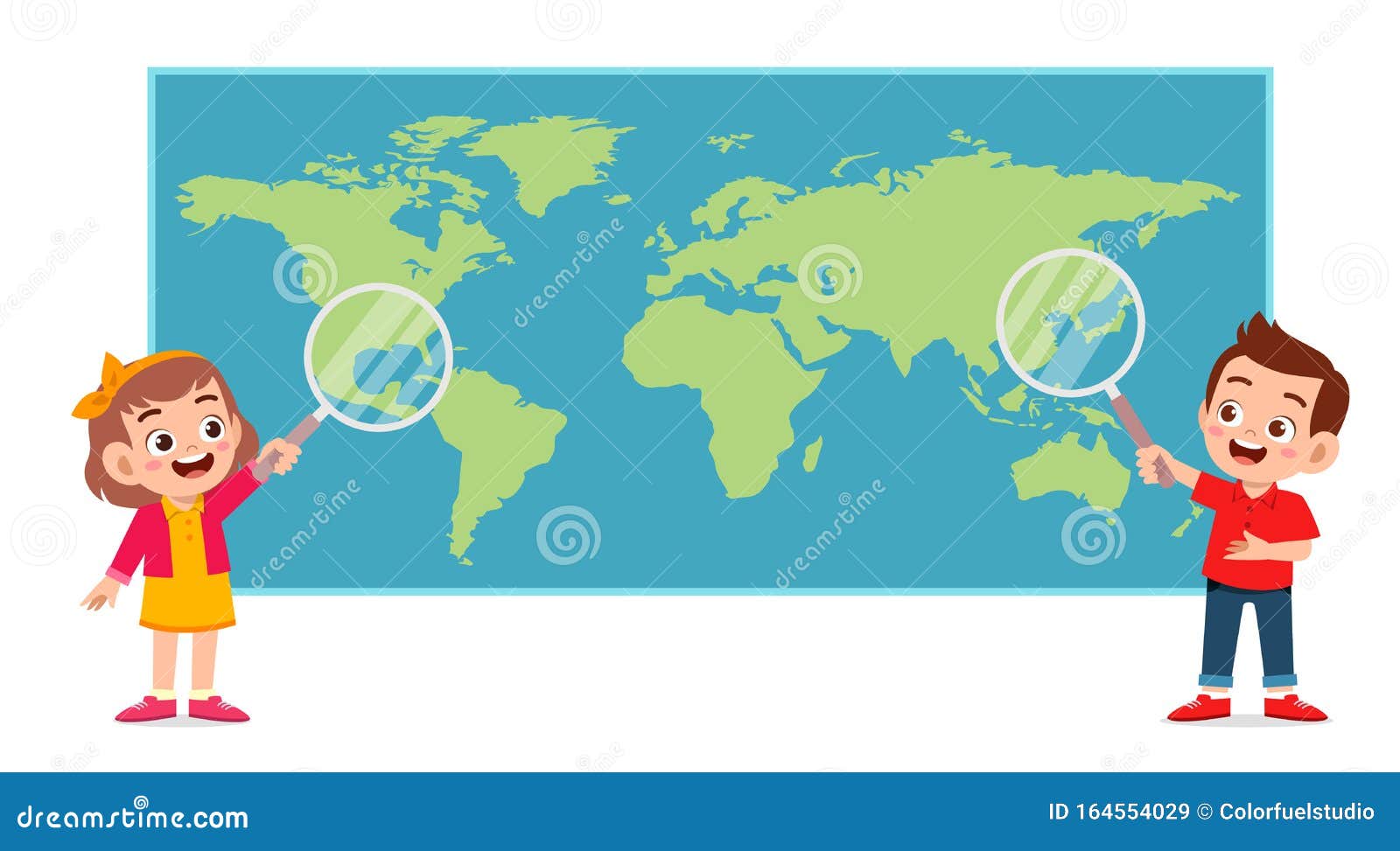 Happy Cute Kids Boy and Girl Teach about Map Stock Illustration ...