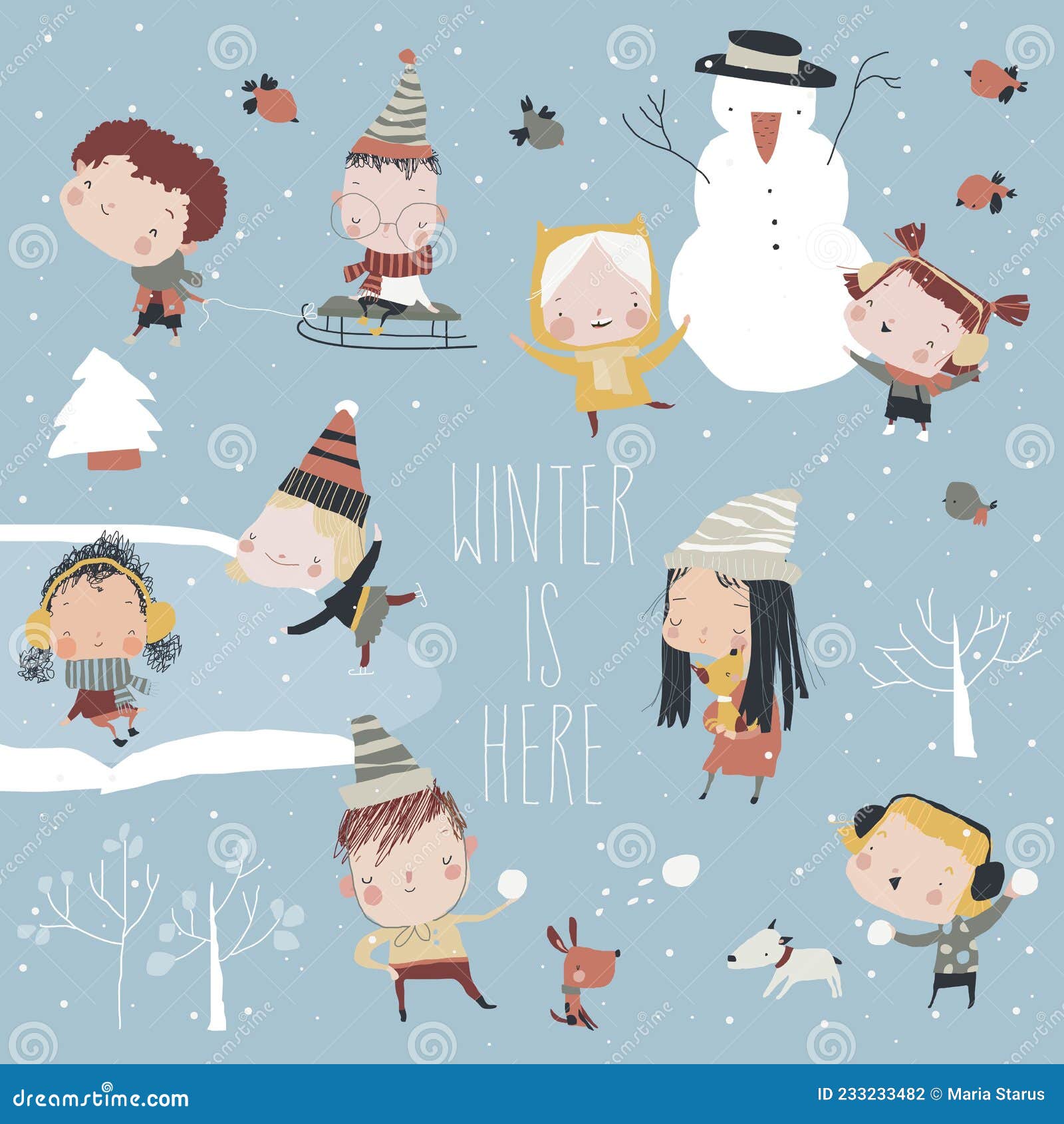 Happy Cute Kids Playing Winter Games. Hello Winter Stock Vector ...