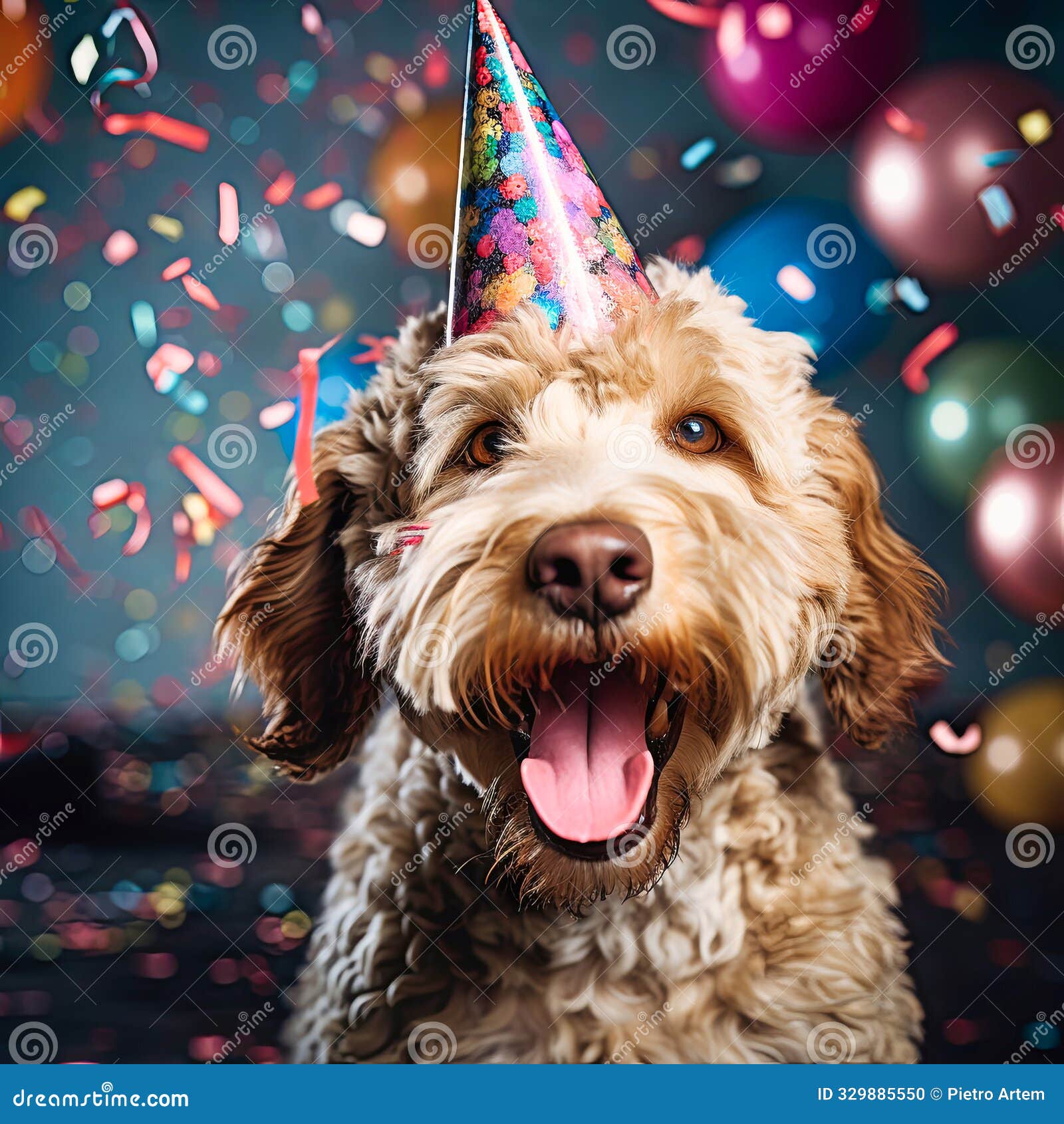 Happy Cute Labradoodle Dog in Festive Hat Stock Photo - Image of white ...