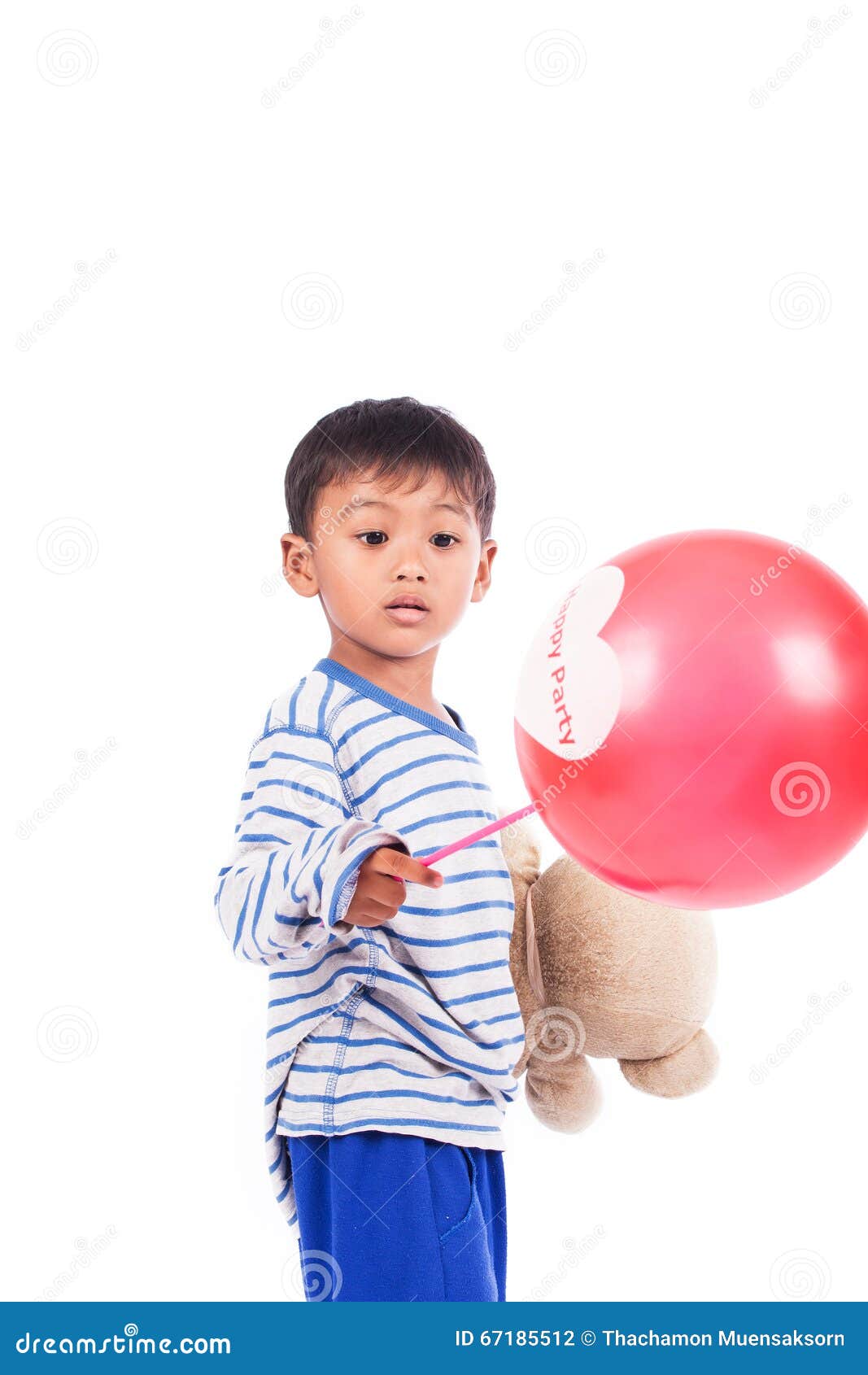 Happy Cute Little Boy Play Red Balloon Stock Photo - Image of heart ...