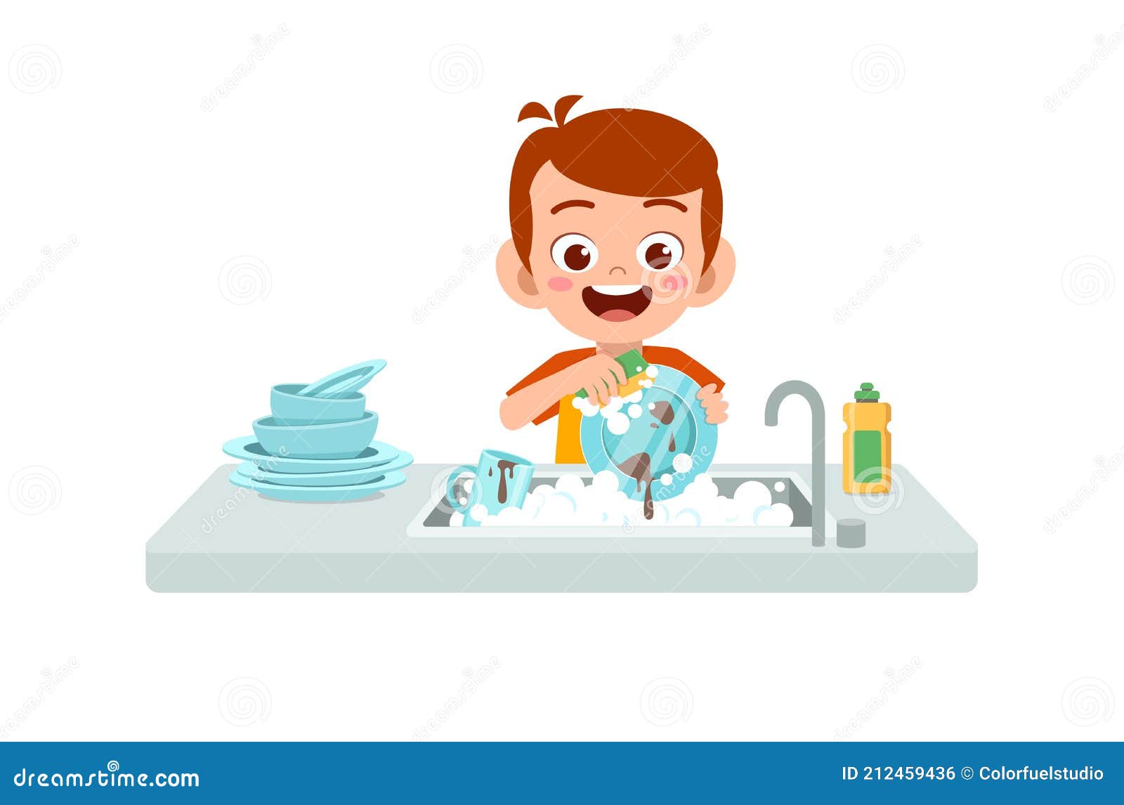 Happy Cute Little Boy Washing Dish in the Kitchen Stock Vector ...