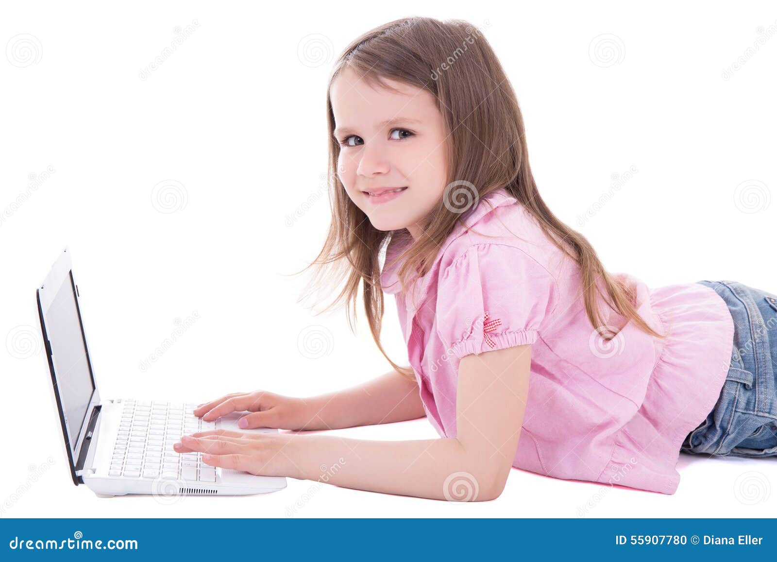 Happy Cute Little Girl with Computer Isolated on White Stock Photo ...