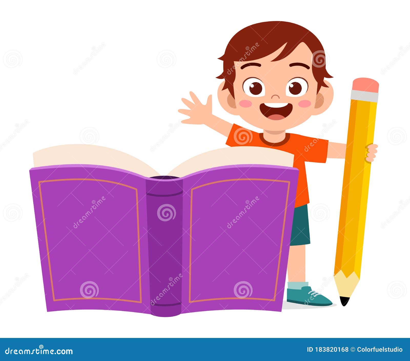 Happy Cute Little Kid Boy with Book and Pencil Stock Vector ...