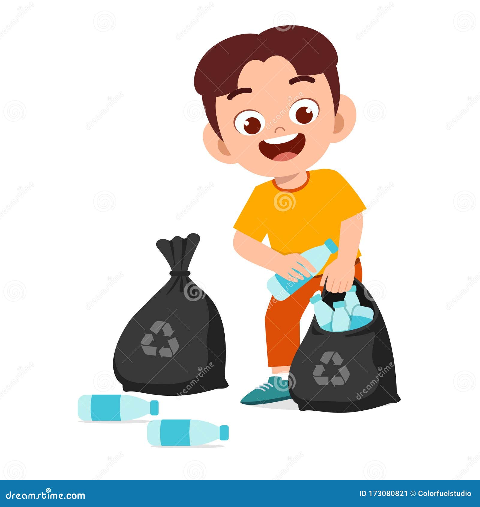 Happy Cute Little Kid Boy Collect Trash Stock Vector - Illustration of ...