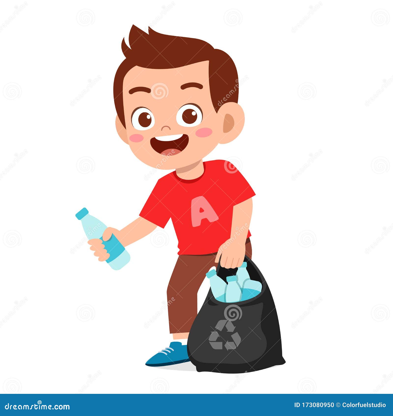 Happy Cute Little Kid Boy Collect Trash Stock Vector - Illustration of ...