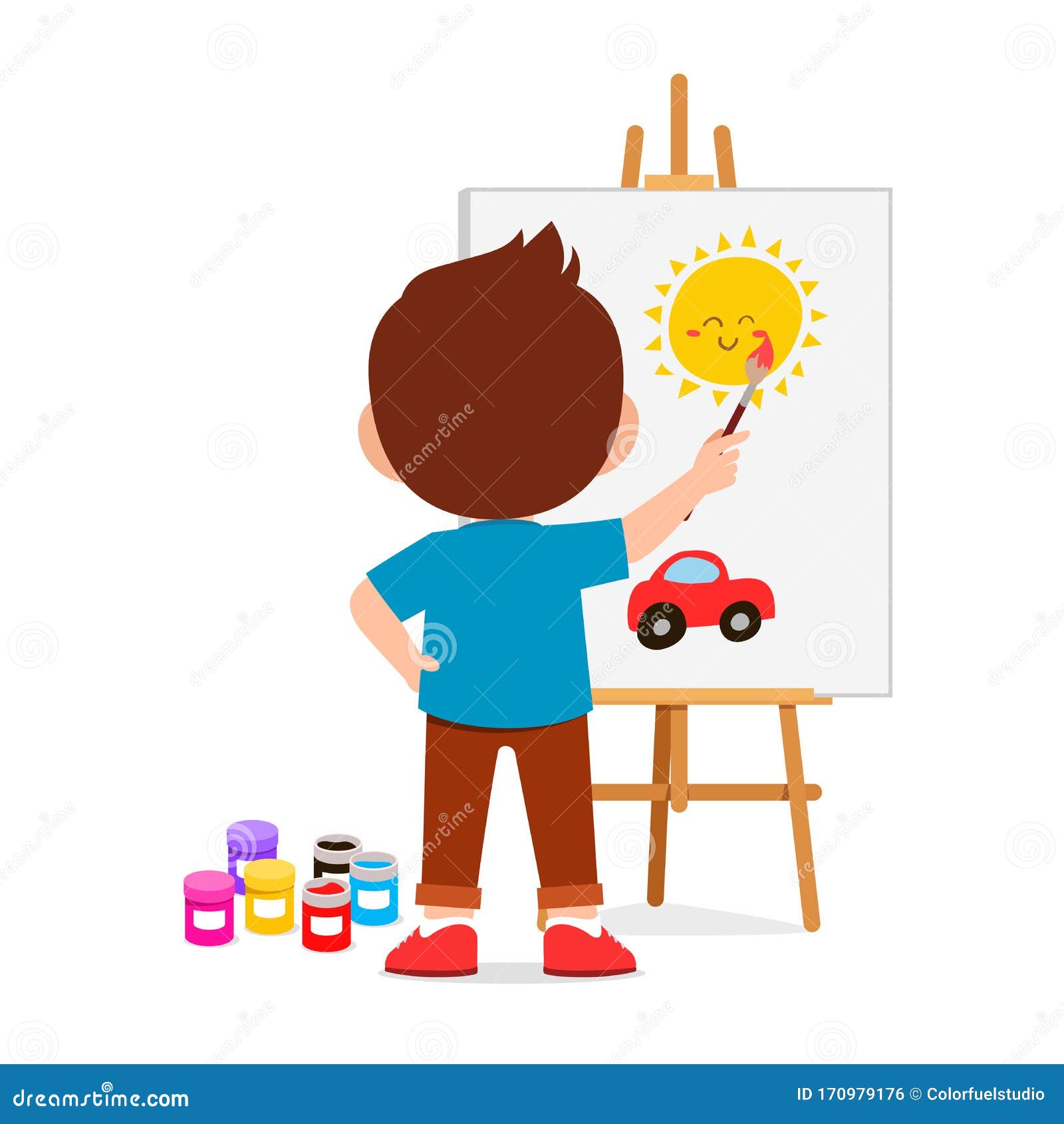 Happy Cute Little Kid Boy Draw on Canvas Stock Vector - Illustration of ...