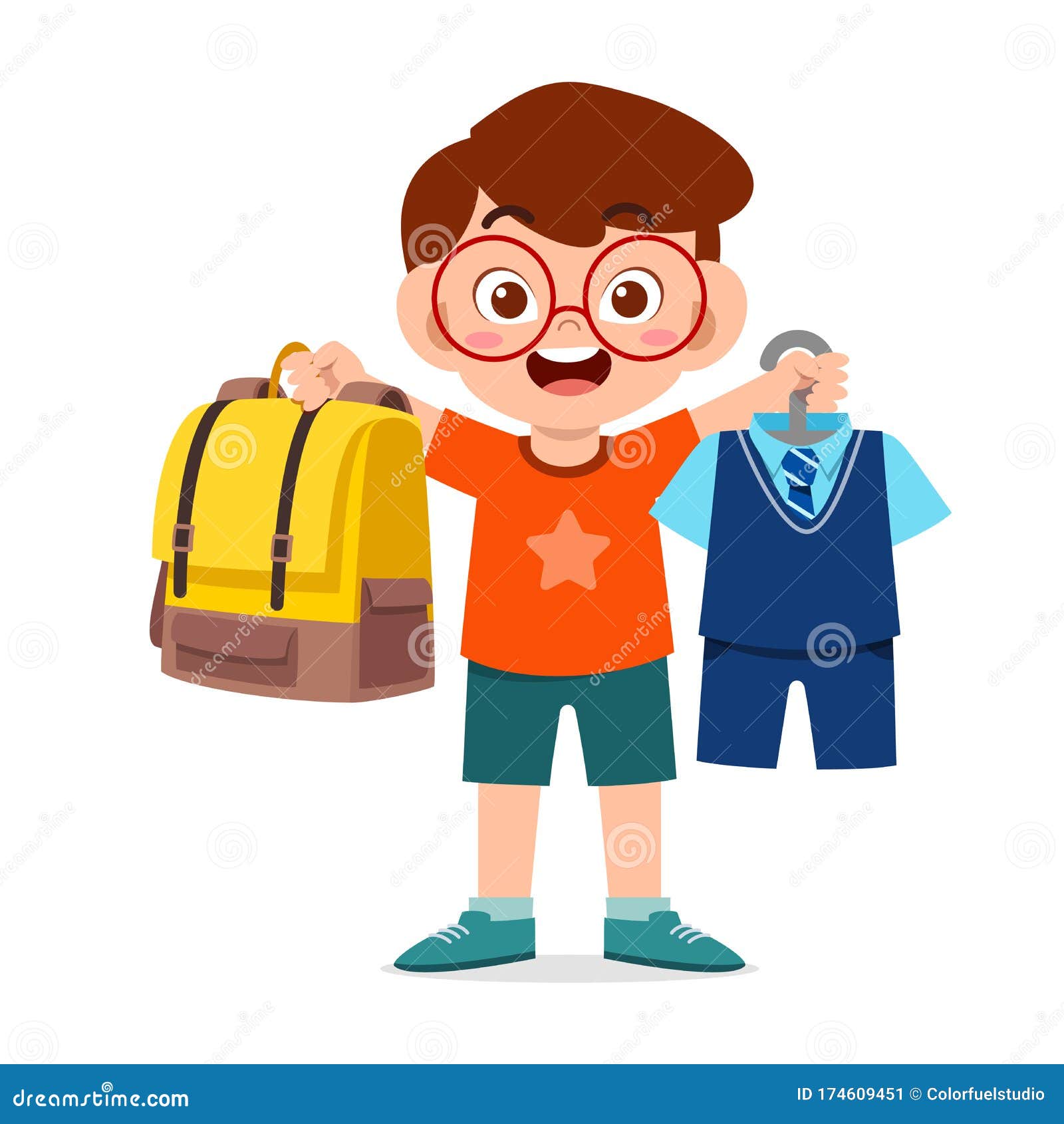 Happy Cute Little Kid Boy Preparing Uniform for School Stock Vector ...
