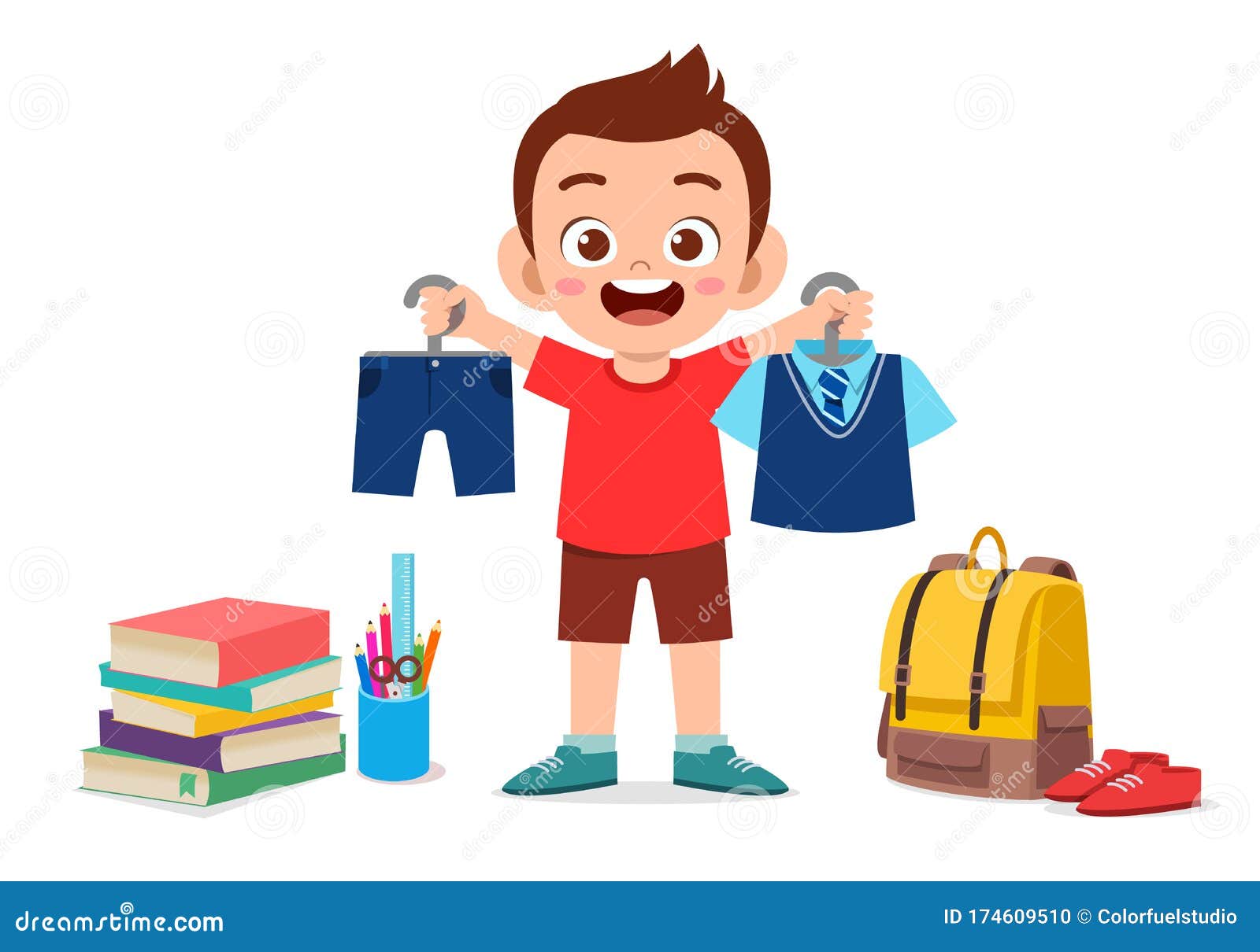 Happy Cute Little Kid Boy Preparing Uniform for School Stock Vector ...