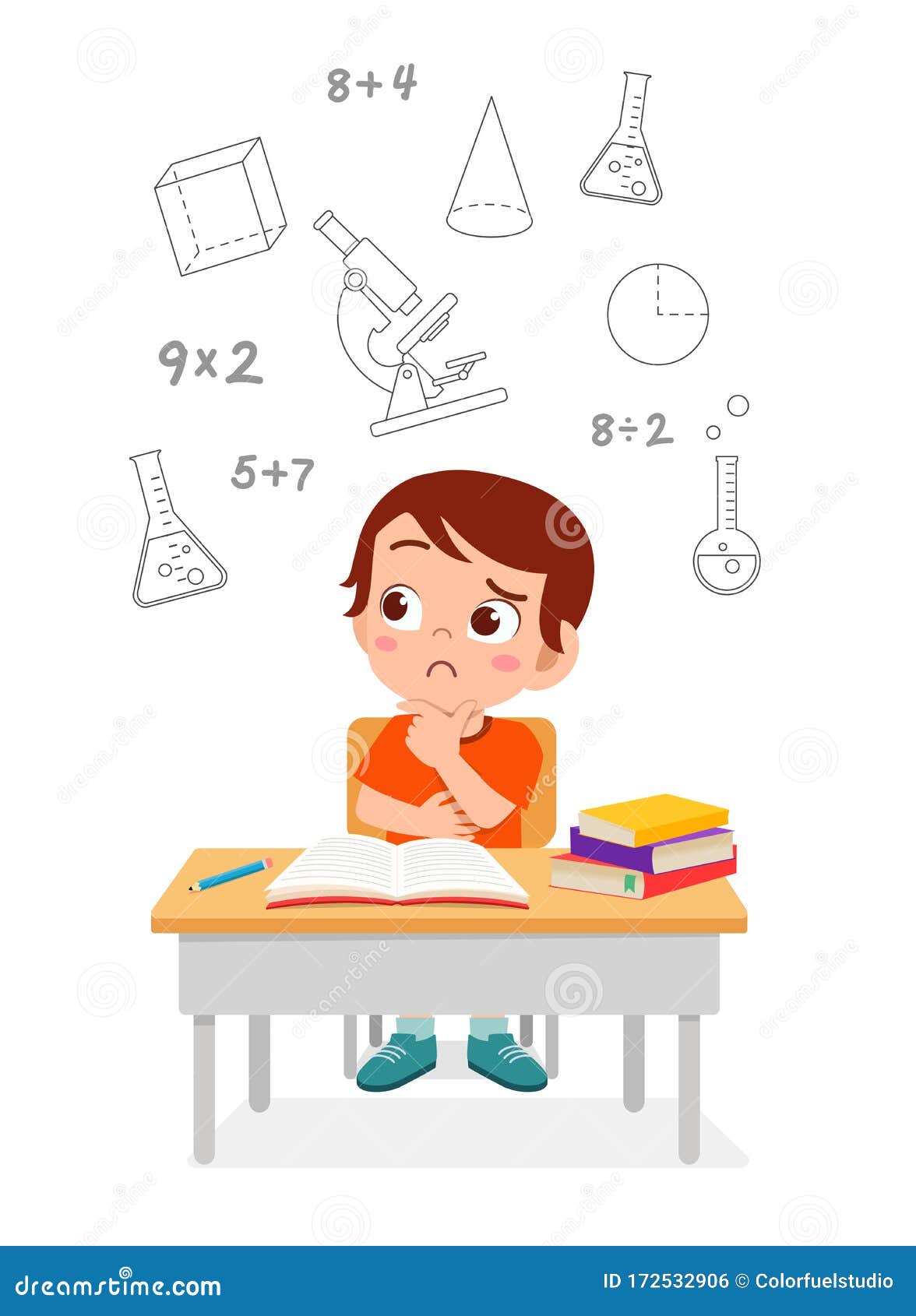 Happy Cute Little Kid Boy Thinking on Exam Stock Vector - Illustration ...