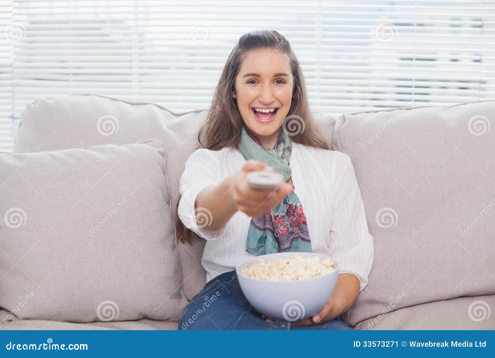 Happy Cute Model Changing Tv Channel Stock Image - Image of caucasian ...
