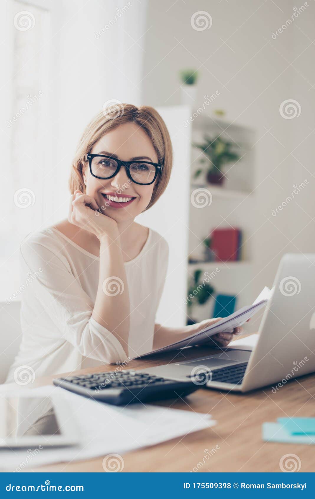 Happy Cute Pretty Accountant Working with Computer and Calculator Stock ...