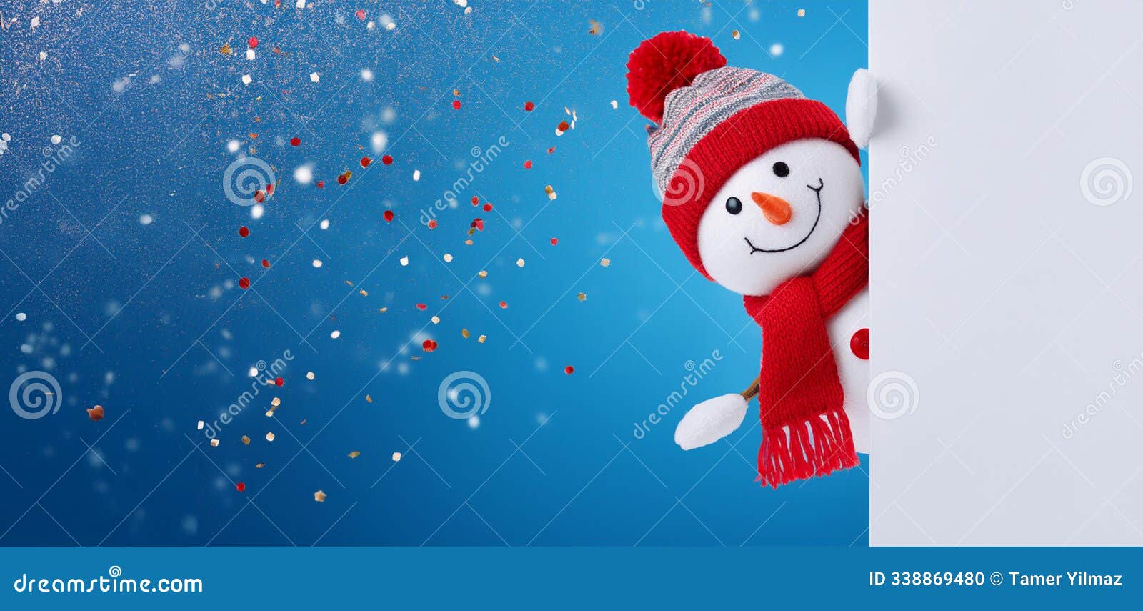 Happy, Cute and Smiling Snowman with Confetti and Blue Sky Background ...
