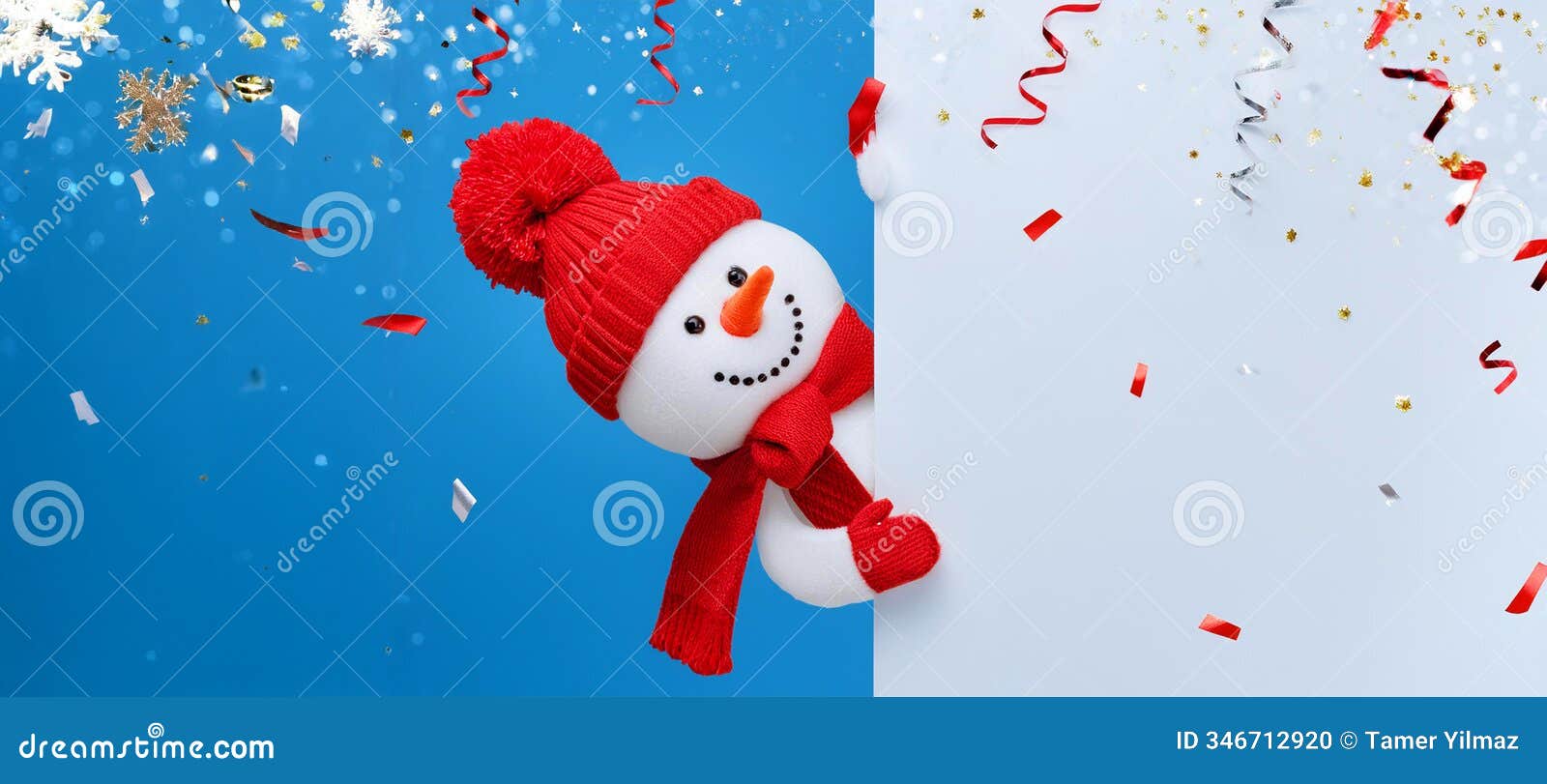 Happy, Cute and Smiling Snowman with Confetti and Blue Sky Background ...