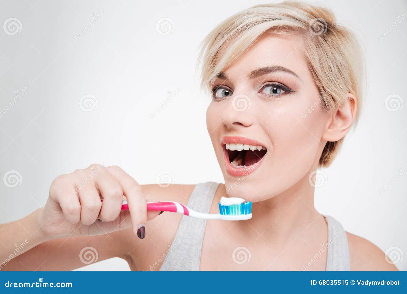 Happy Cute Woman Brushing Teeth Stock Image - Image of healthcare ...