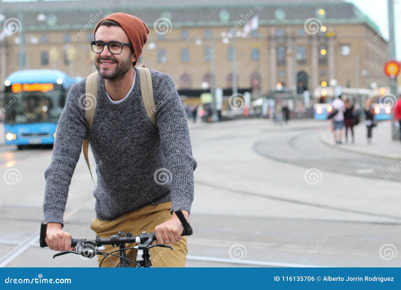 Happy cyclist in the city stock photo. Image of people - 116135706