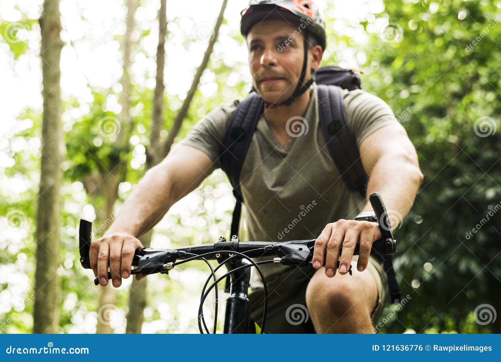Happy Cyclist Riding through the Forest Stock Photo - Image of helmet ...