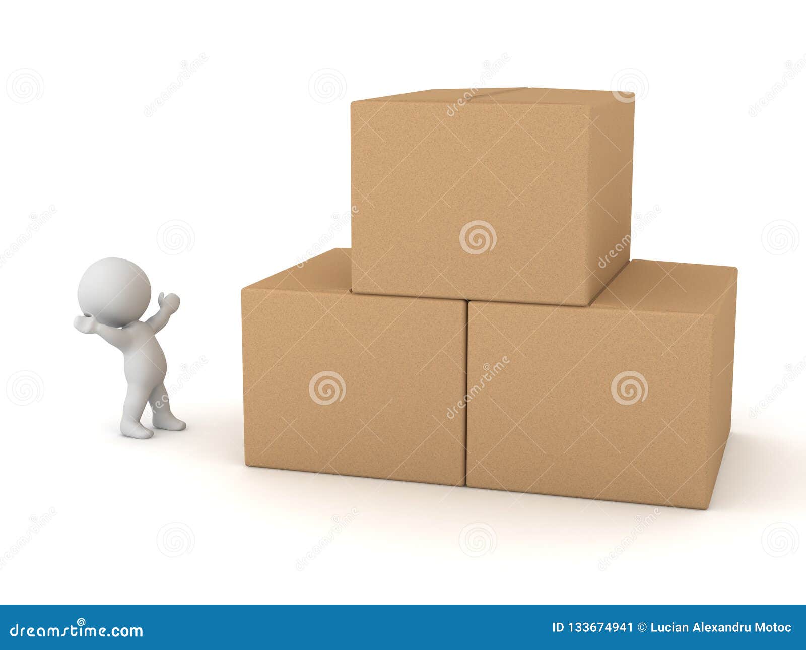 Happy 3D Character with Large Cardboard Boxes Stock Illustration ...