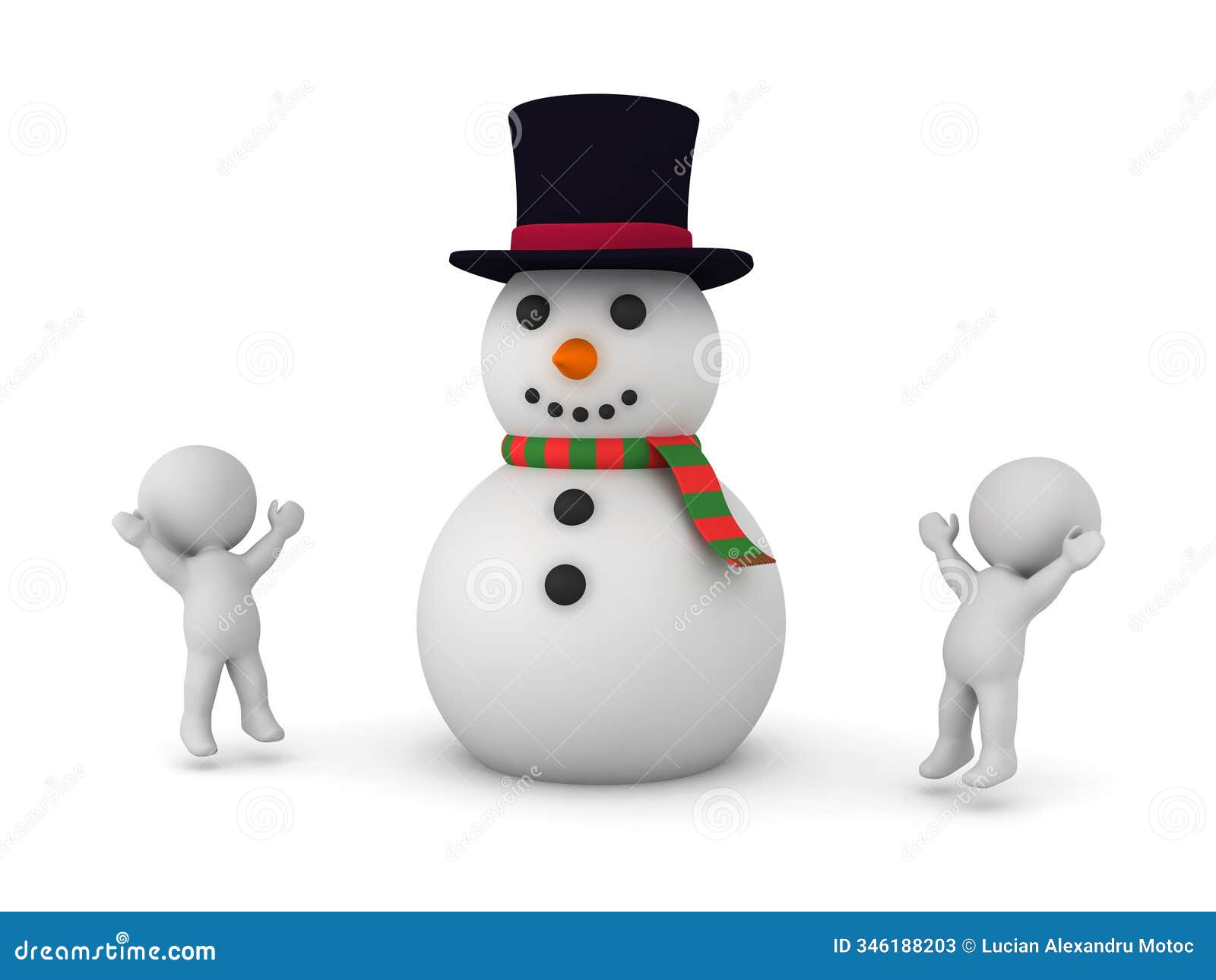 Happy 3D Characters with a Large Snowman Stock Illustration ...