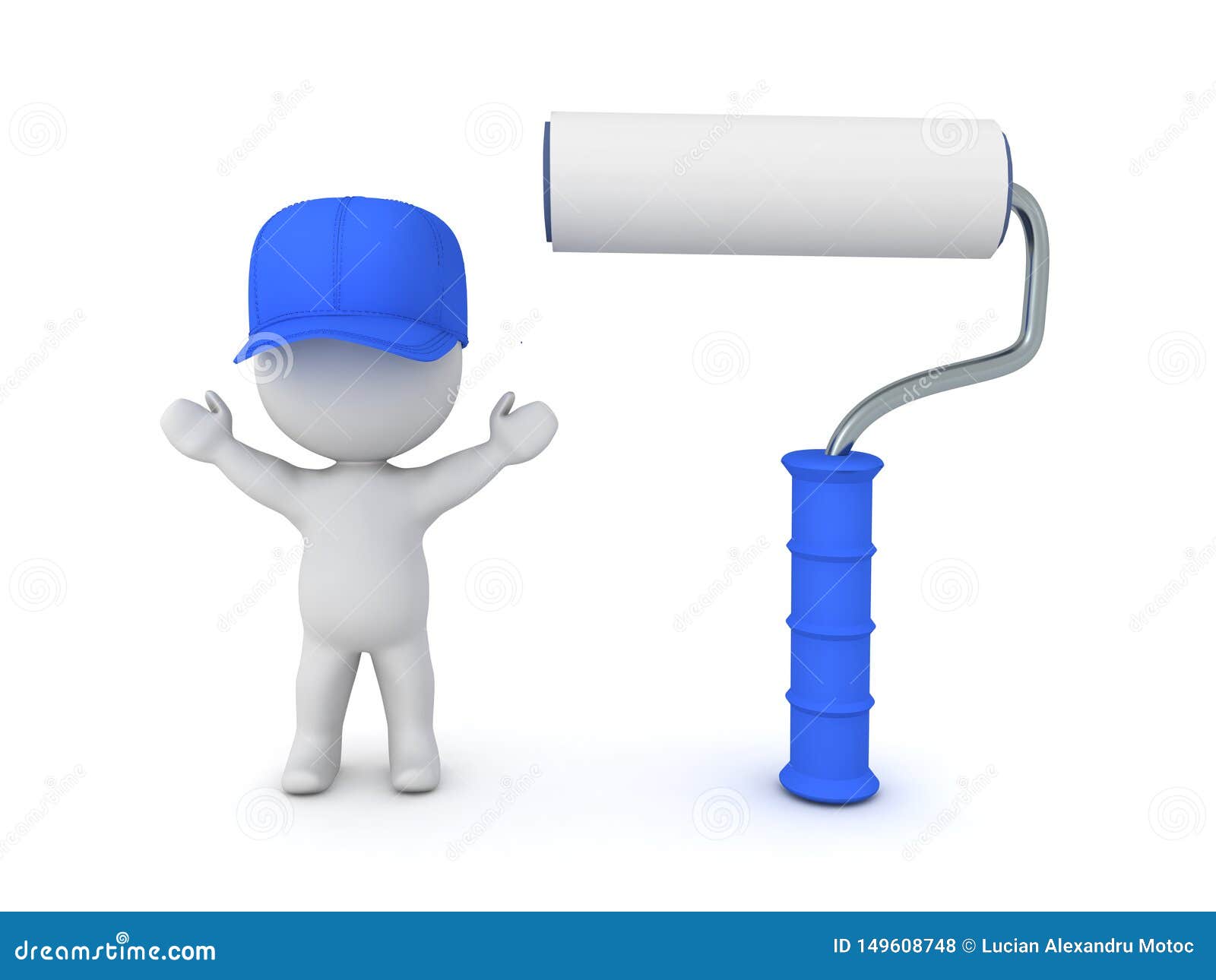 Happy 3D Worker Next To Paint Roller Stock Illustration - Illustration ...