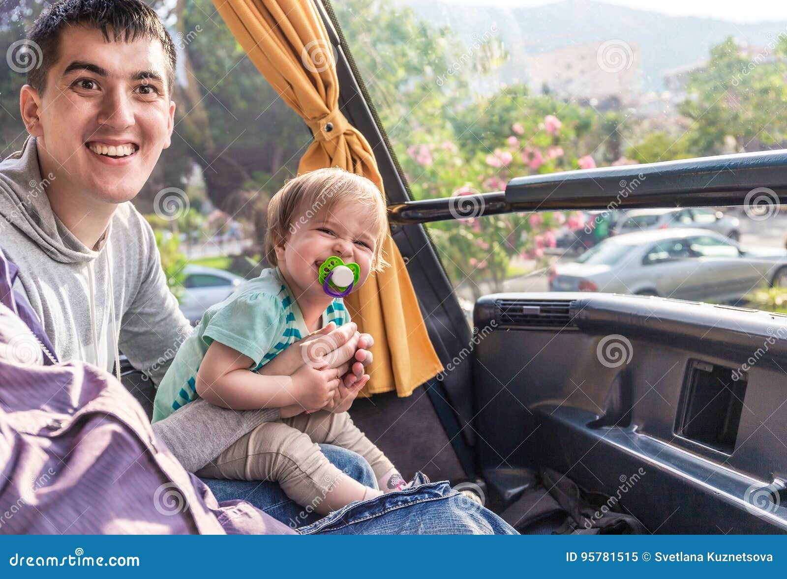 Happy Dad with Baby Ride on Double Decker Bus Stock Image - Image of ...