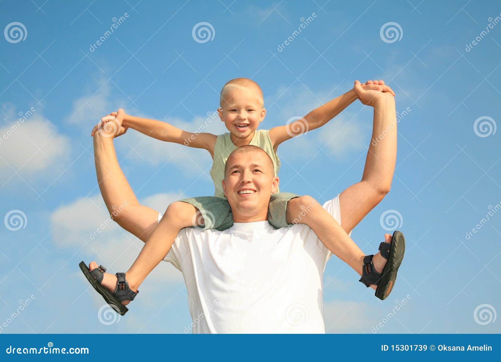 Happy Dad with His Son, Smiling at the Blue Sky Stock Image - Image of ...