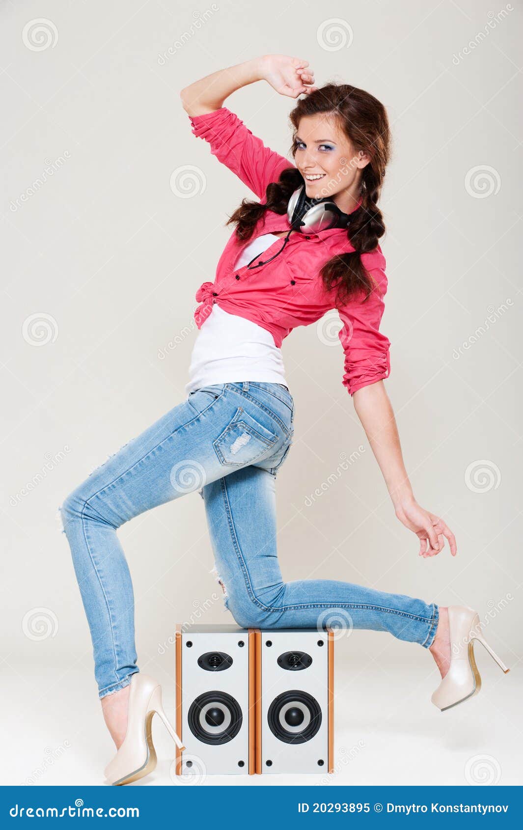 Happy Dancing Girl with Headphones Stock Image - Image of glad, grey ...
