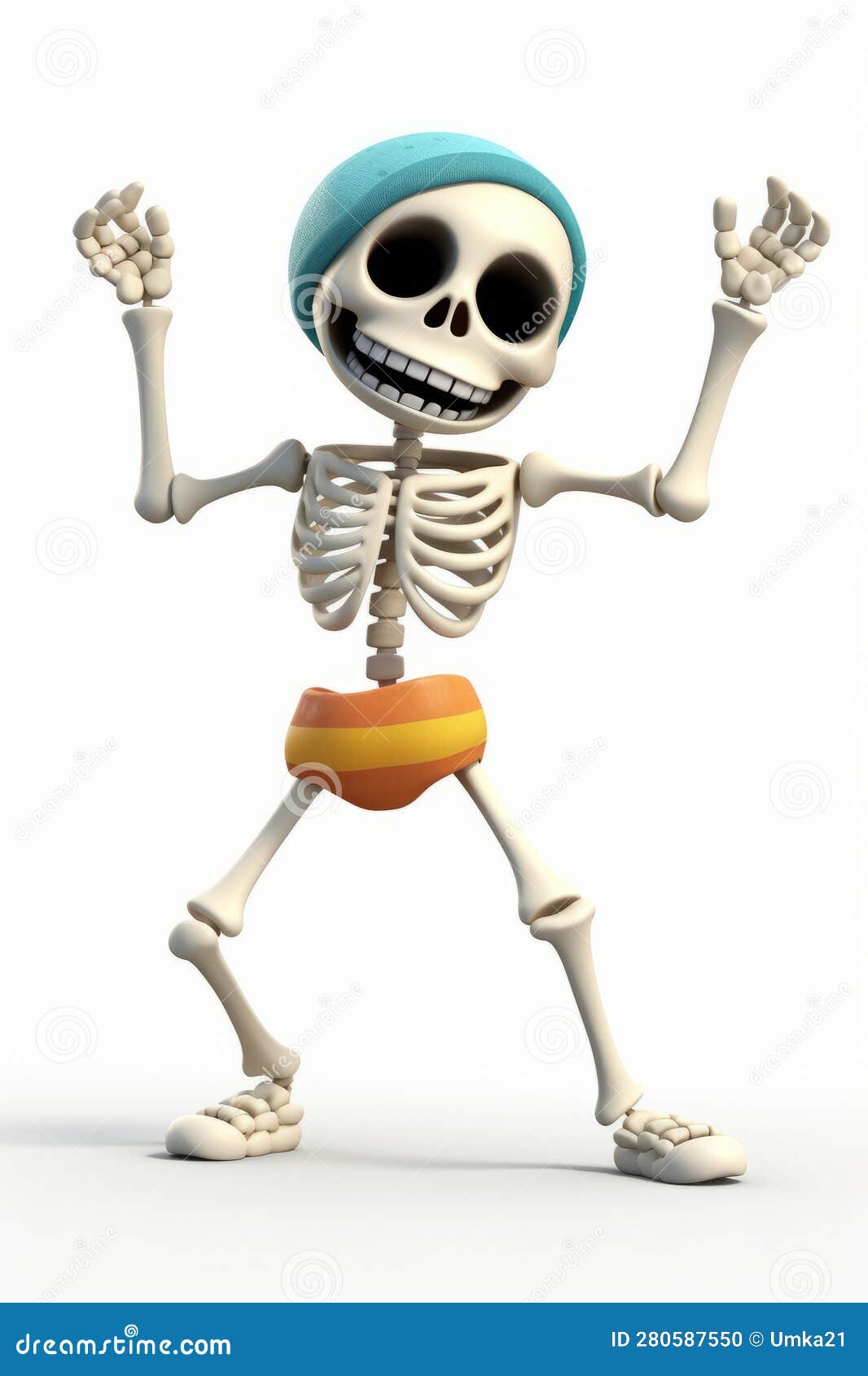 Happy Dancing White Skeleton in a Blue Hat on a White Background Stock ...
