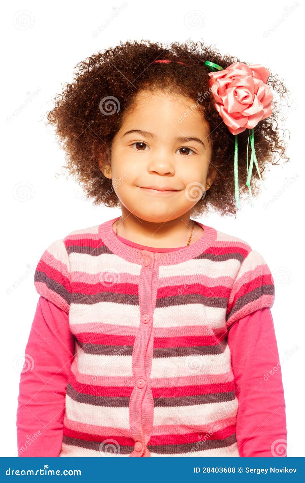 Happy Dark-skinned Kid Girl In Warm Blue Jumpsuit Stands Leaning On Her ...