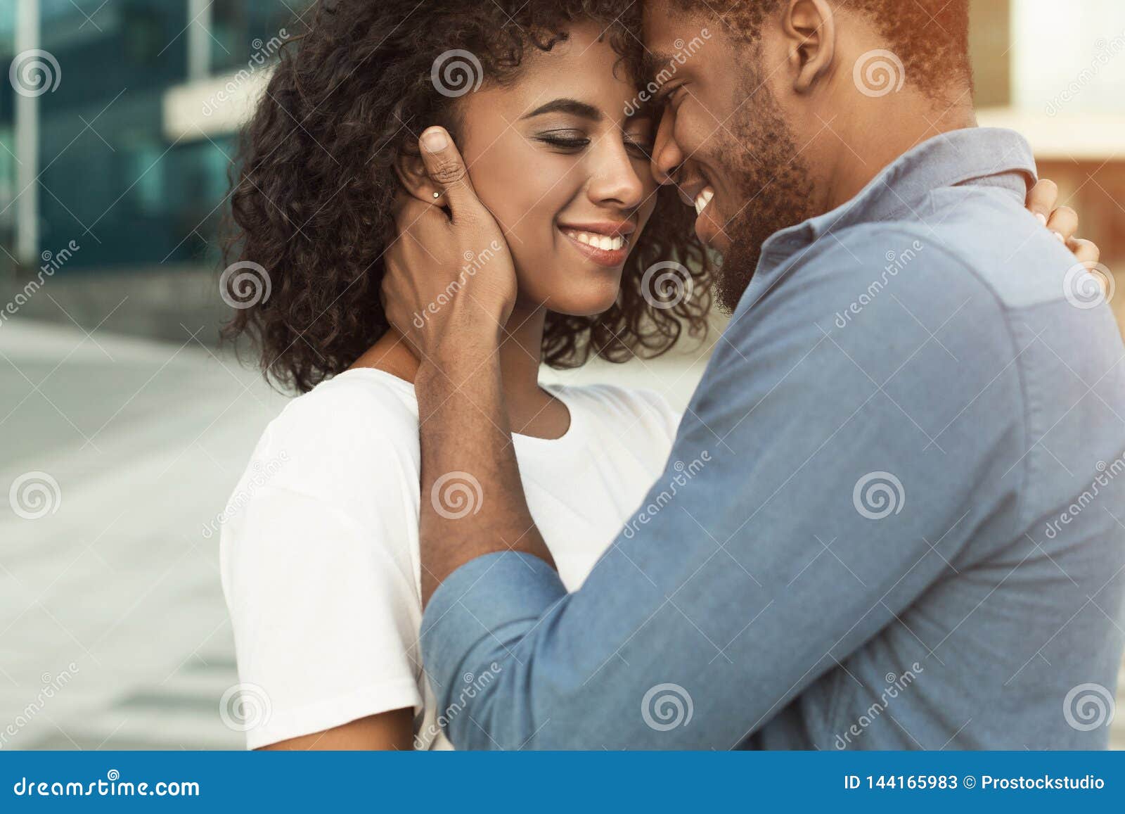 Happy Date Tender Couple Touching Foreheads Outdoors Stock Image