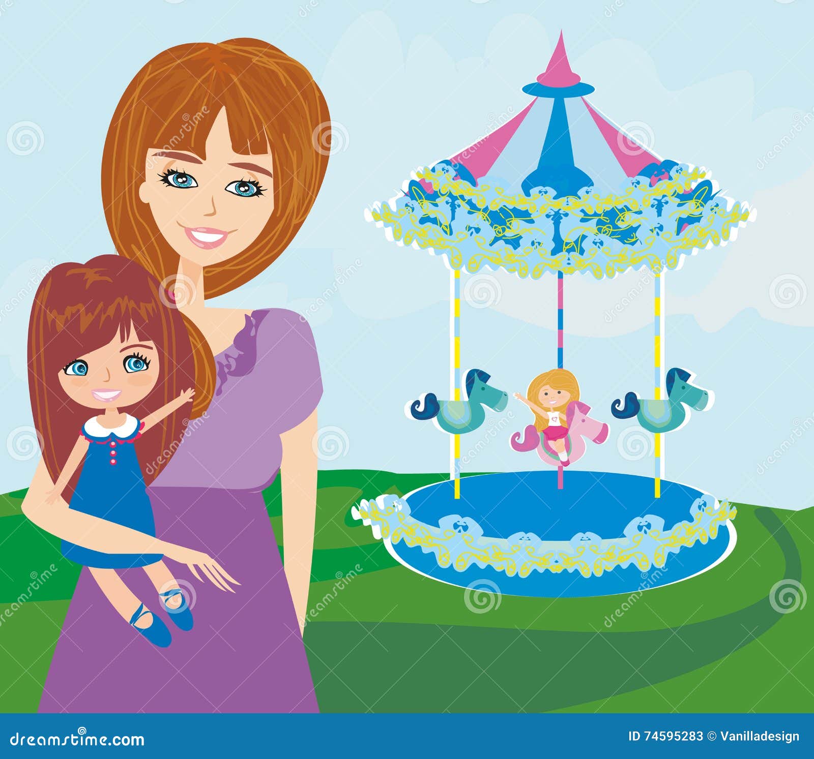 Happy daughter on carousel stock vector. Illustration of daughter ...