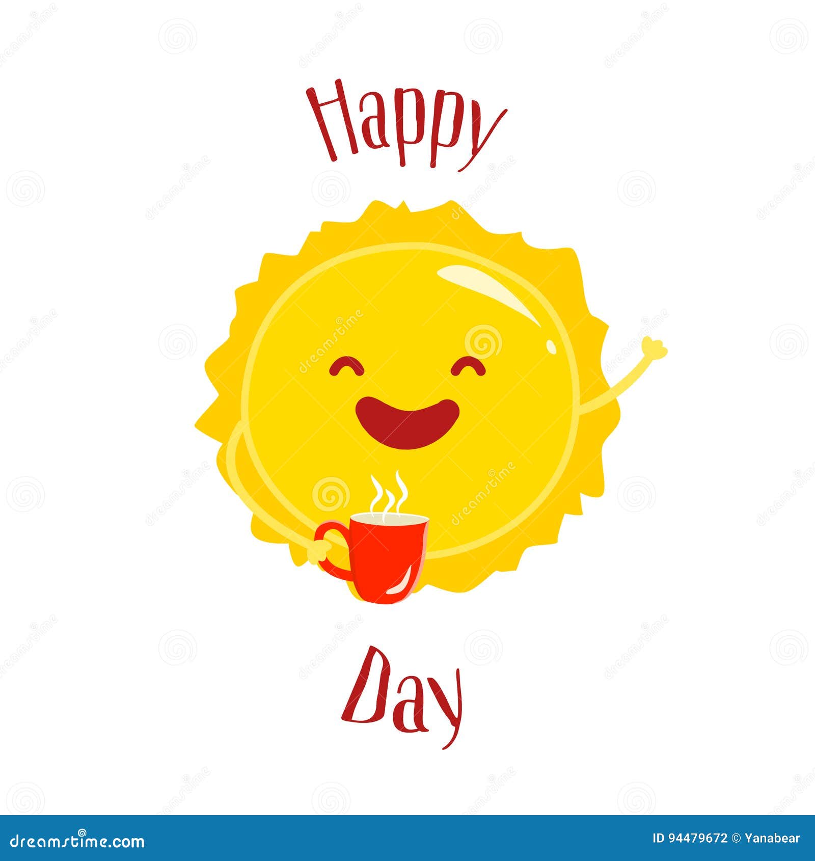 Happy Day Card with Cartoon Sun and Red Cup. Flat Style Stock Vector ...