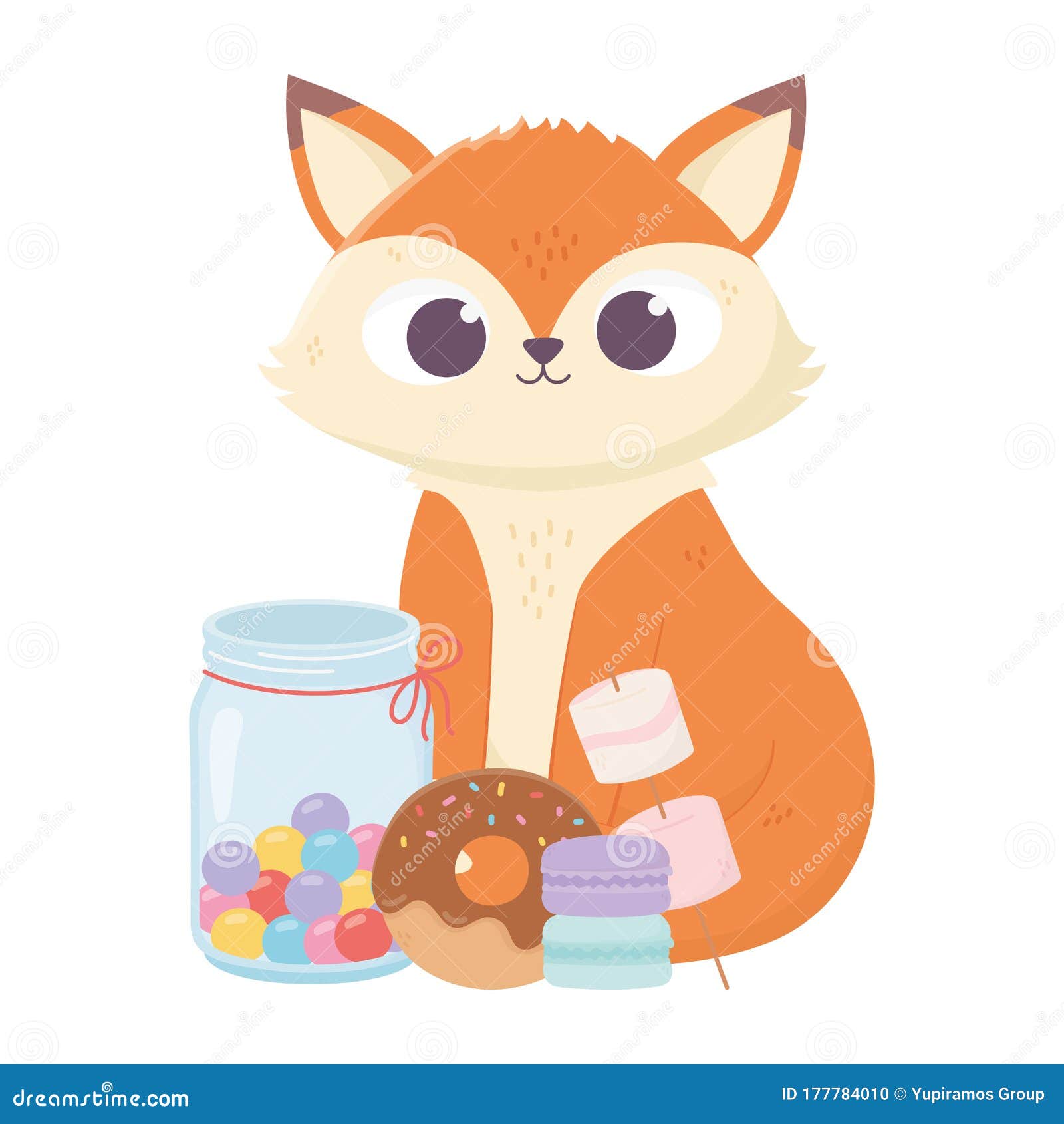 Happy Day, Cute Fox with Candies Donut and Biscuits Stock Vector ...