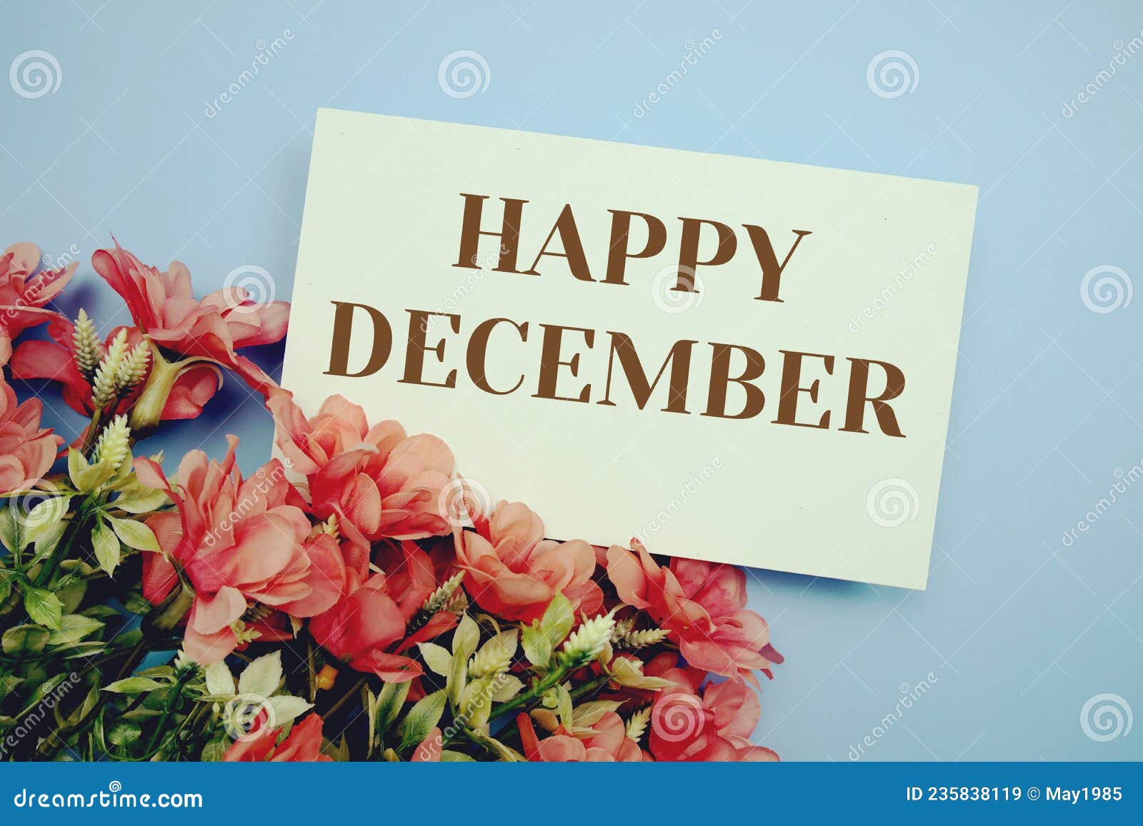 Happy December Text with Flower Frame on Blue Background Stock Image ...