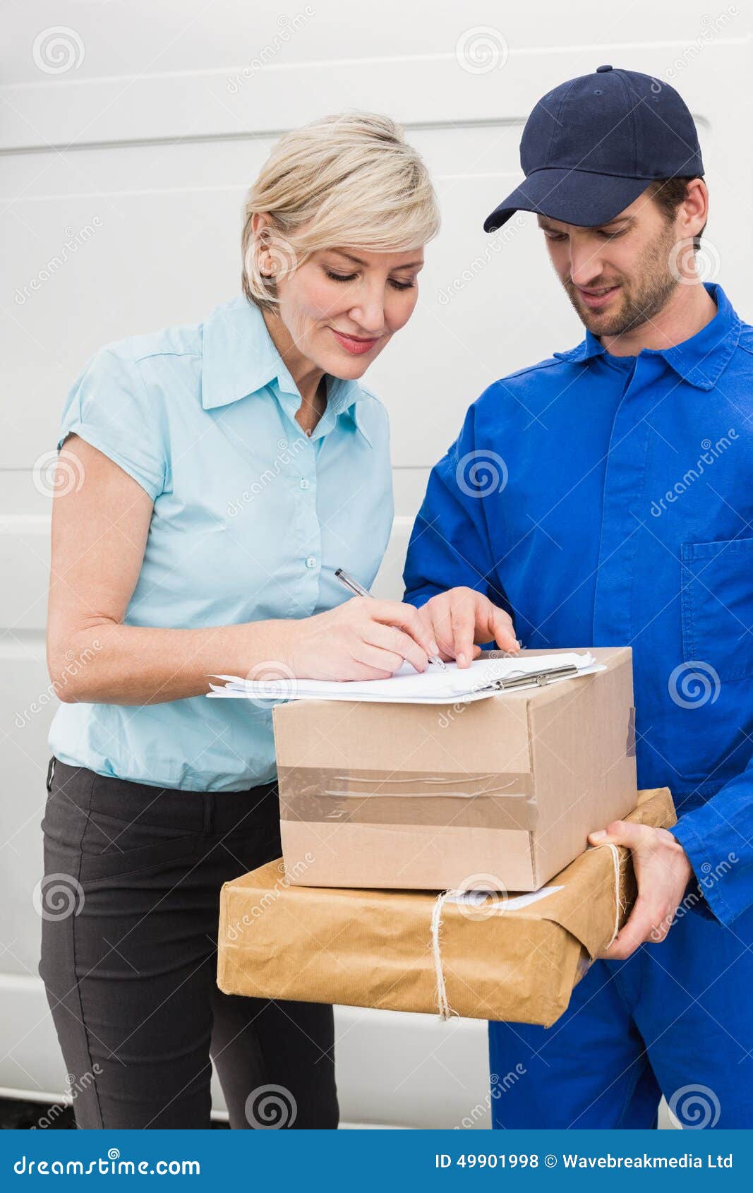 Happy Delivery Man with Customer Stock Photo - Image of package, giving ...