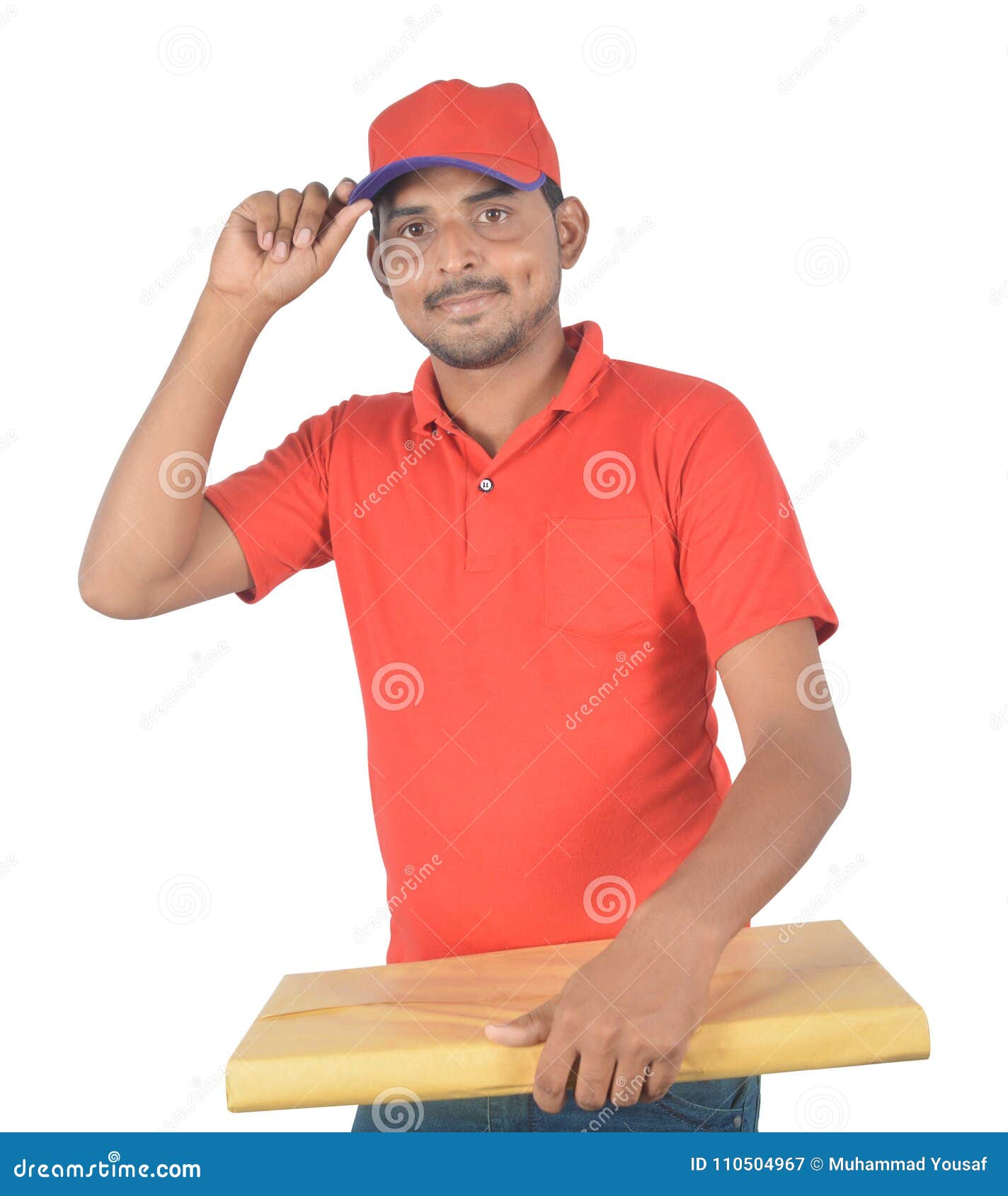 Happy Delivery Man Holding Courier Hand On Cap In Uniform Stock Image