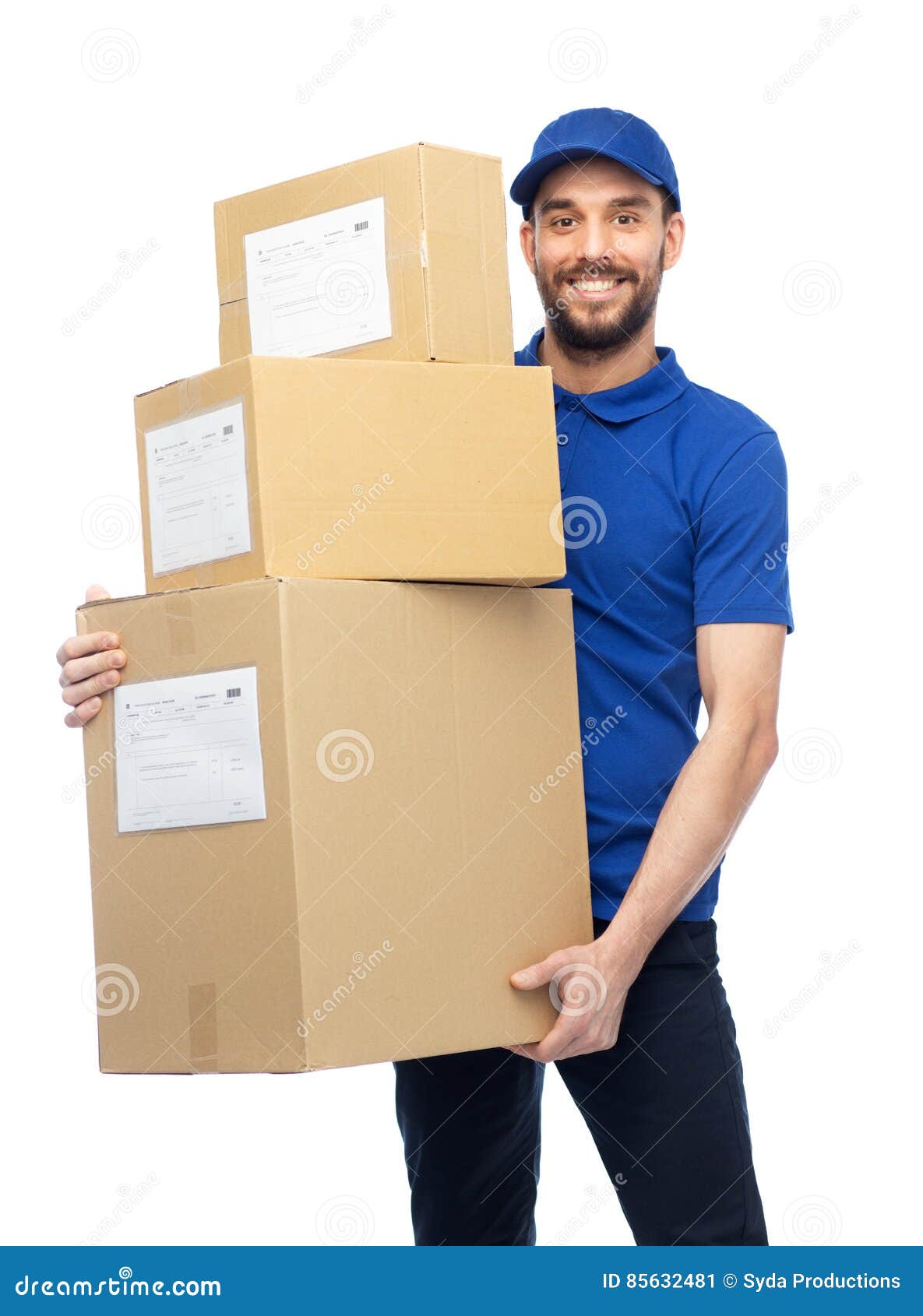 Happy Delivery Man with Parcel Boxes Stock Image - Image of blue, happy ...